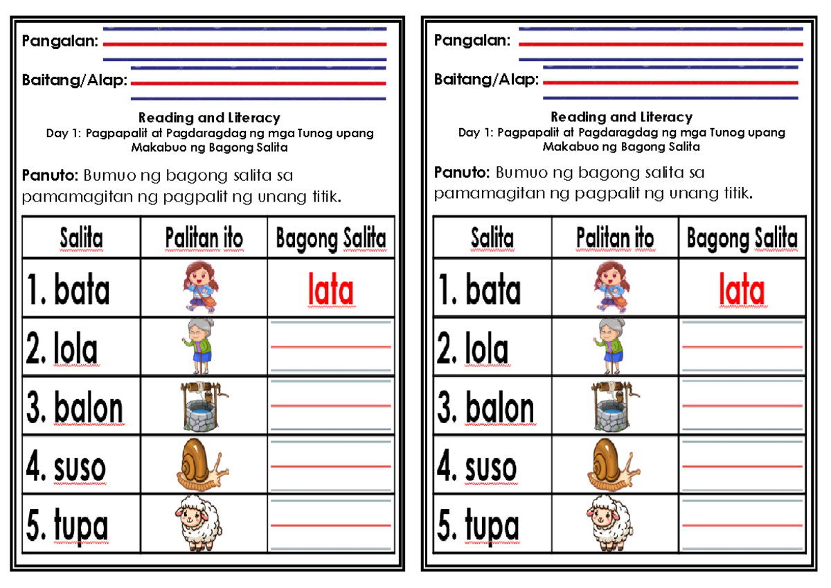 G1 Q1 W3 R&L WS - NONE - Pangalan: Baitang/Alap: Reading and Literacy ...