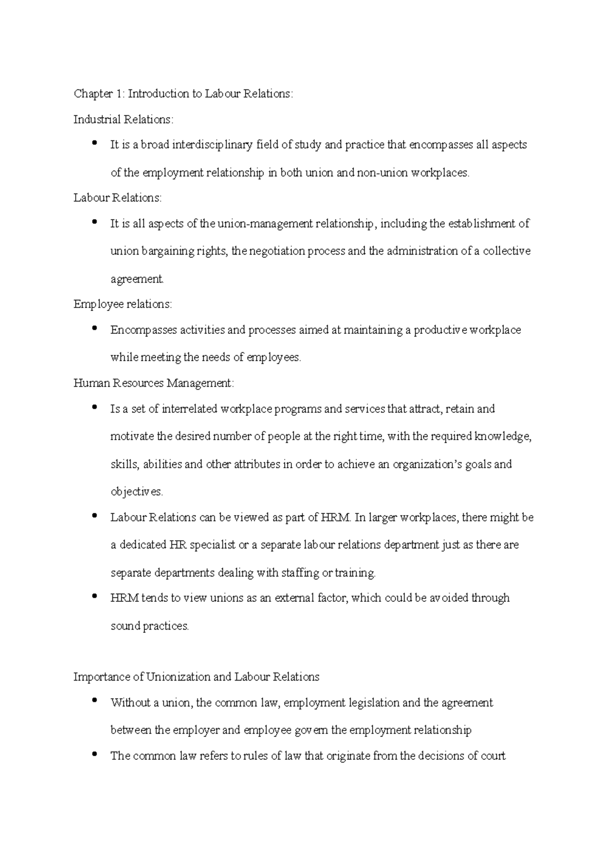 ADM 3334 Chapter 1 Notes - Chapter 1: Introduction to Labour Relations ...