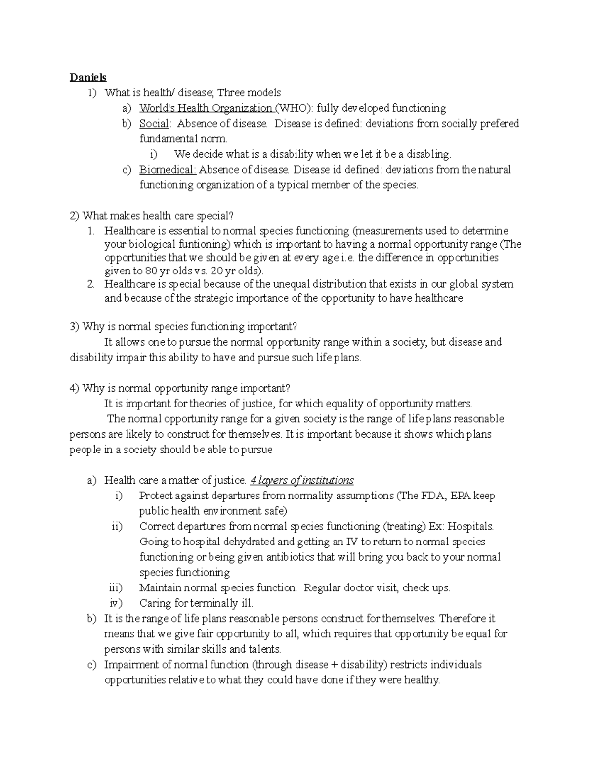 Medical Ethics - Lecture notes 11-17 - Daniels 1) What is health ...