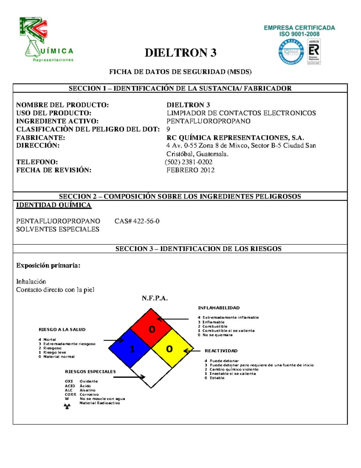 MSDS Dieltron 3 - Manejo adecuado de las sustancias quimicas - DIELTRON ...