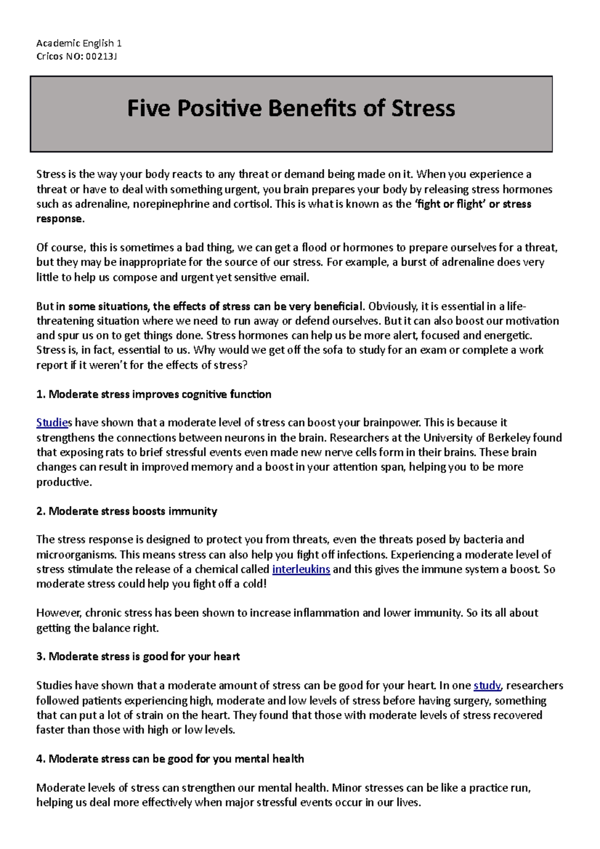 5 positive effects of stress - Academic English 1 Cricos NO: 00213J ...