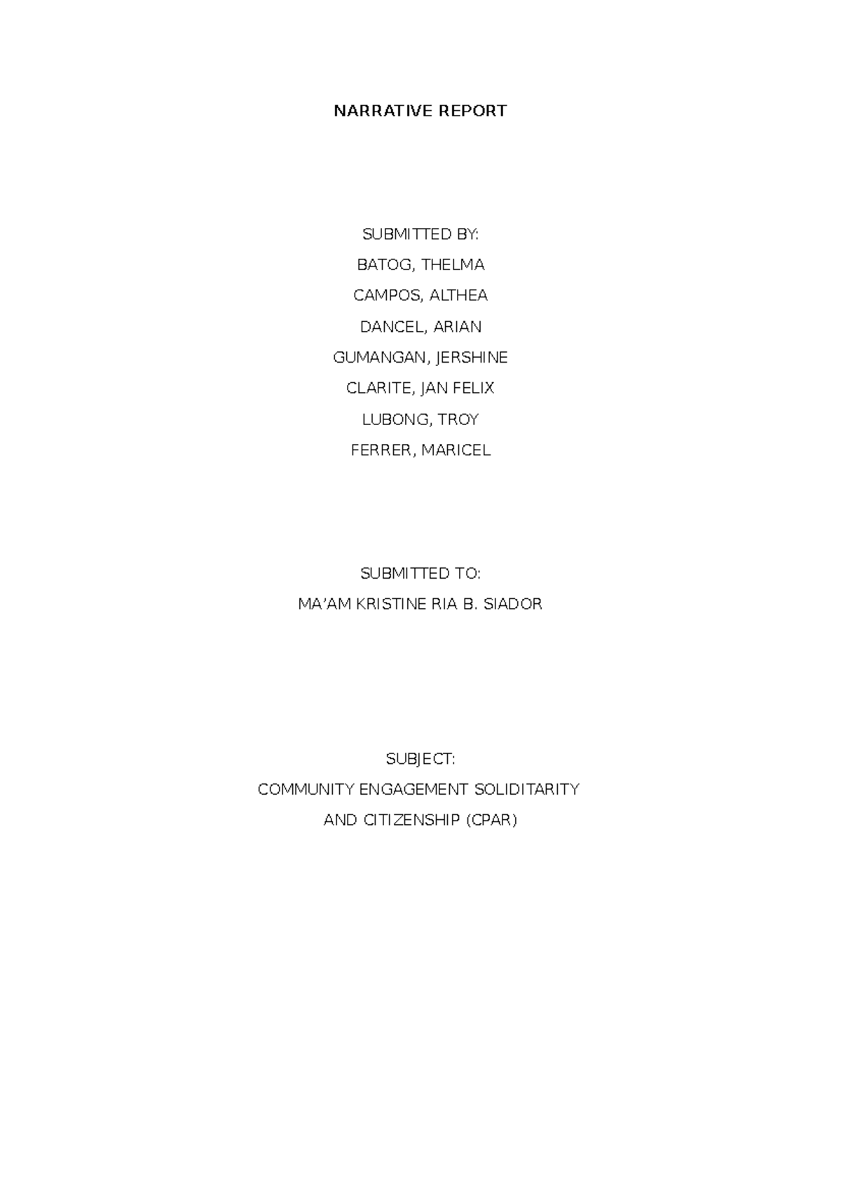 Narrative- Report - I hope we help you - NARRATIVE REPORT SUBMITTED BY ...