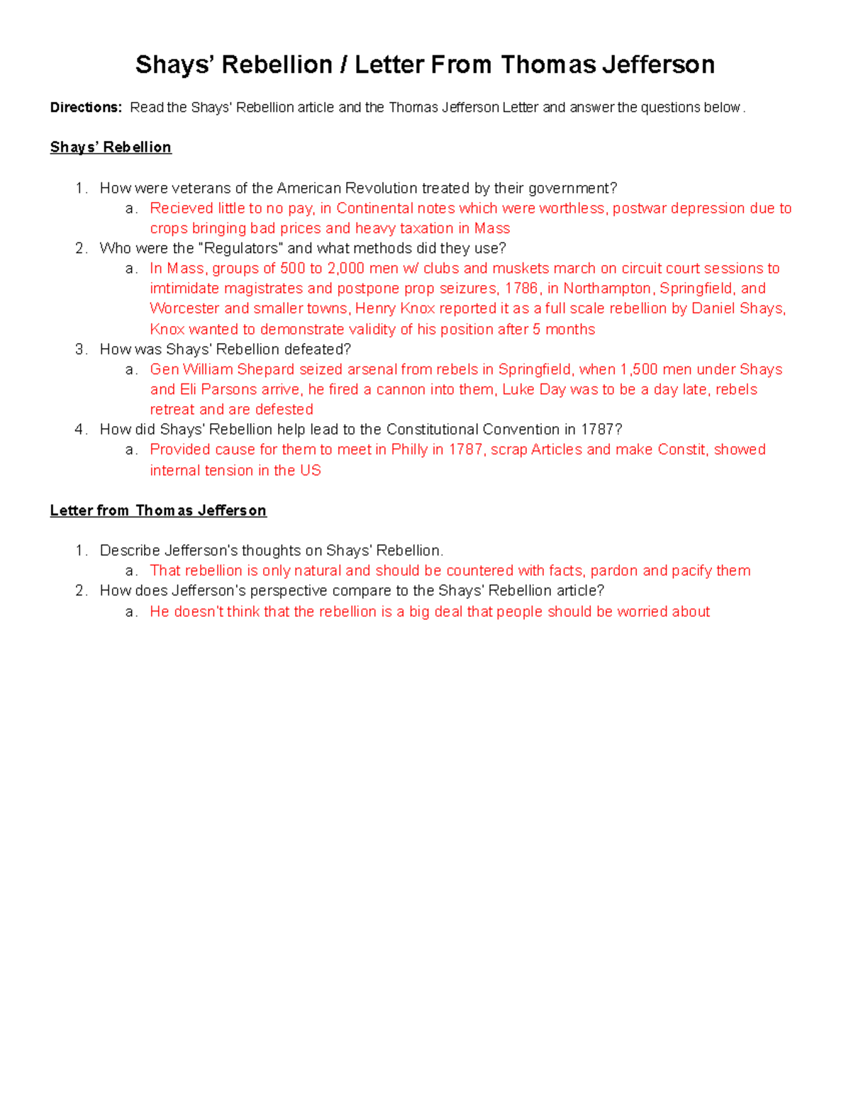 L. Shays’ Rebellion Letter From Thomas Jefferson - Shays’ Rebellion ...