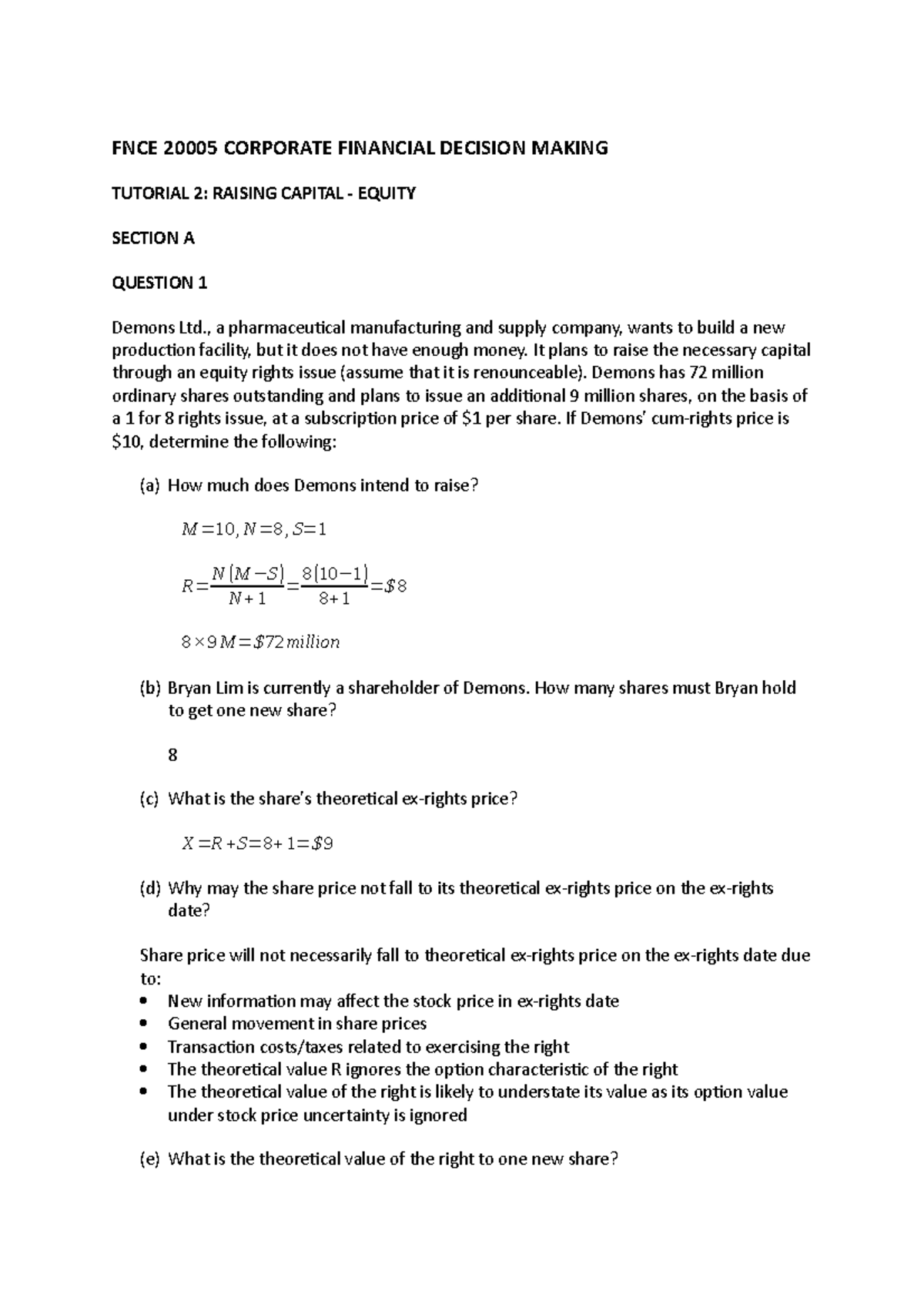 Tutorial 2 solutions 2021 - FNCE 20005 CORPORATE FINANCIAL DECISION ...