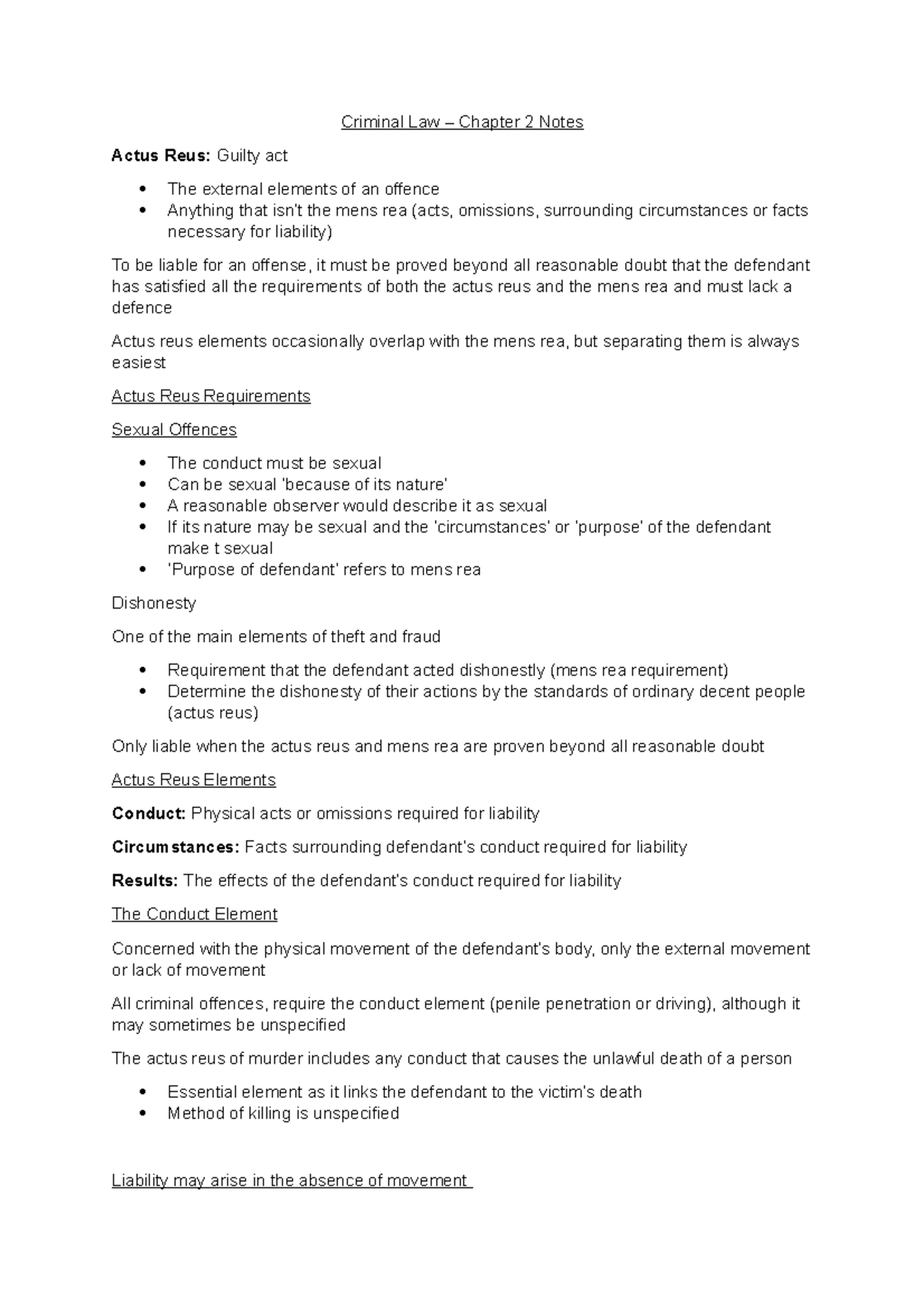Criminal Law - Chapter 2 - Criminal Law – Chapter 2 Notes Actus Reus ...