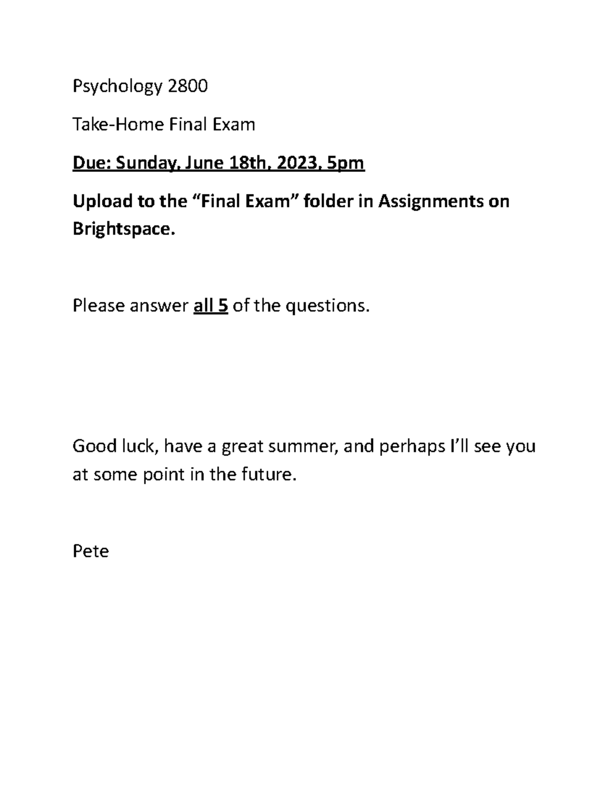 Psychology 2800 - Take Home Final Exam (Spring 2023) - Psychology 2800 ...