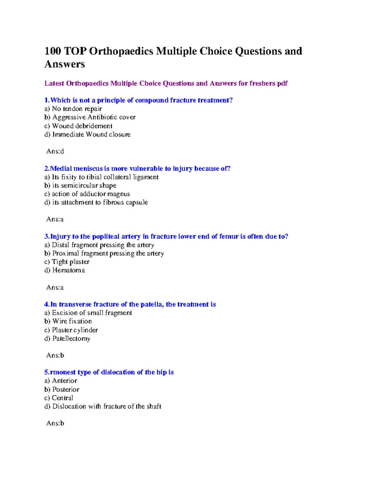 Top orthopaedics mcq and answers - 100 TOP Orthopaedics Multiple Choice ...
