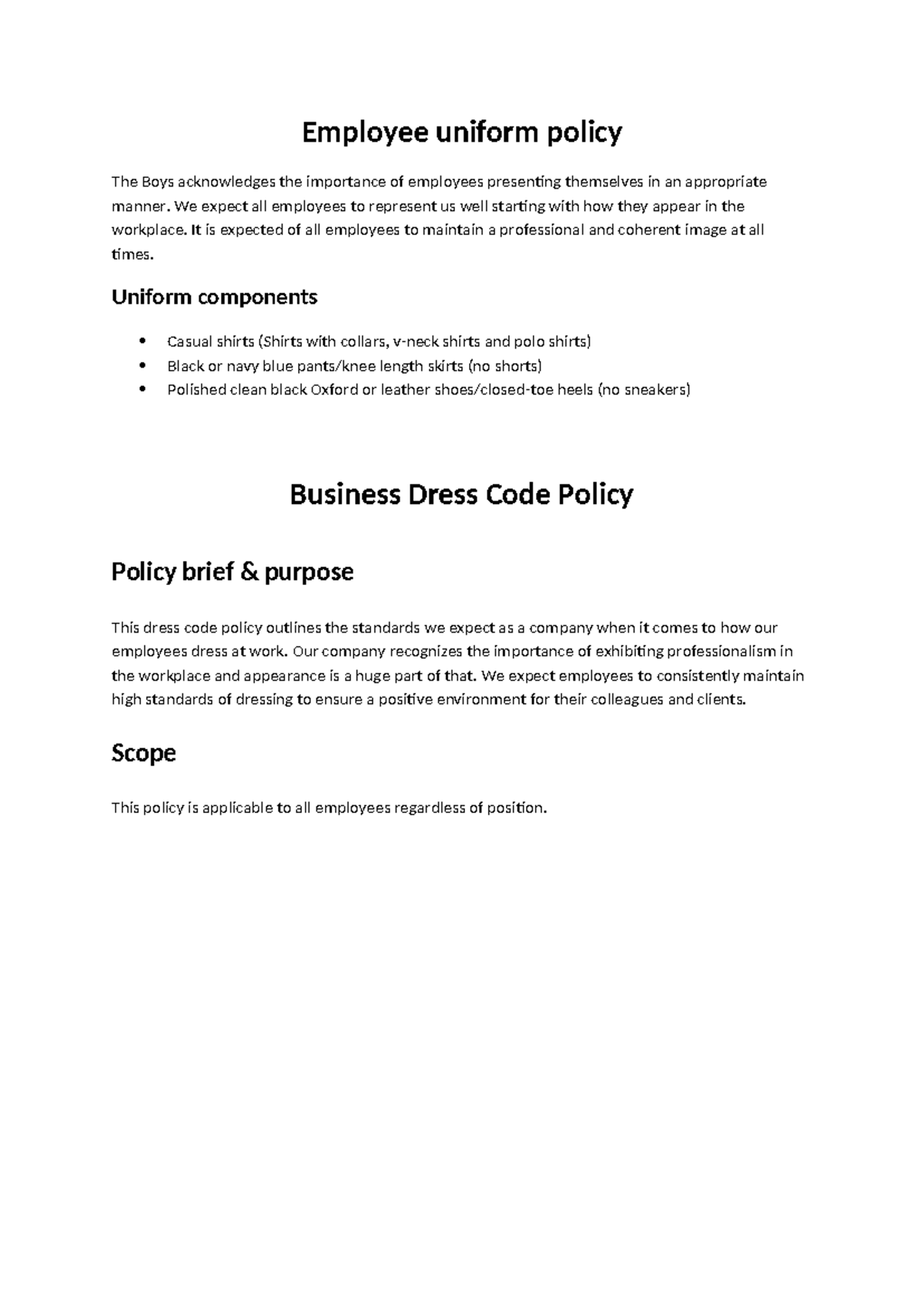 Dress code Itpfa project - Employee uniform policy The Boys ...