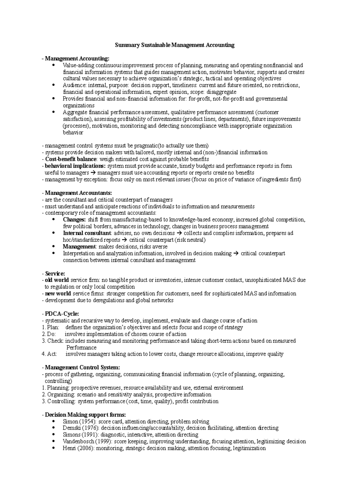 Summary Sustainable Management Accounting - Summary Sustainable ...