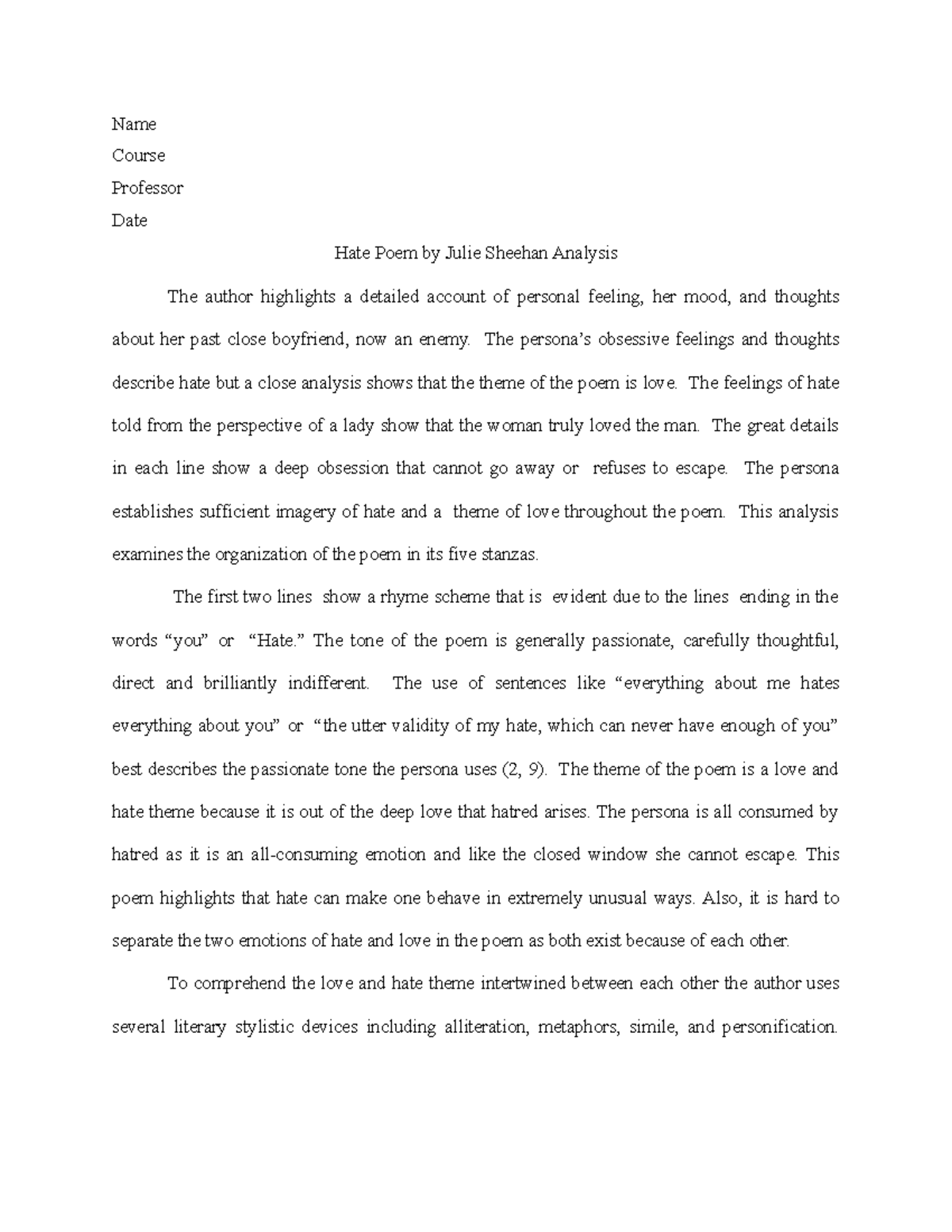 Hate Poem - Hate Poem - Name Course Professor Date Hate Poem by Julie ...