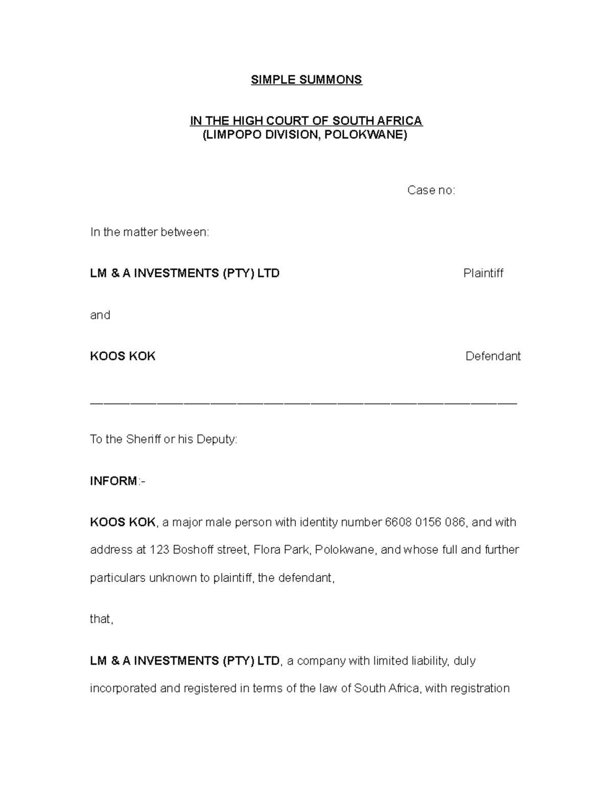 Summons Simple - SIMPLE SUMMONS IN THE HIGH COURT OF SOUTH AFRICA ...