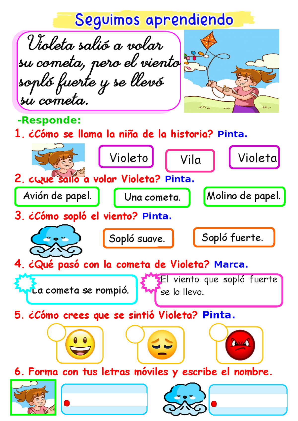 Fichaletra V 2023 - 1. ¿Cómo se llama la niña de la historia? Pinta. 2 ...