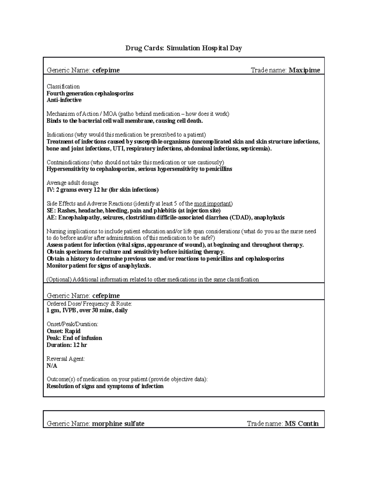 Drug Cards SHD - Simulation Hospital Day 6th Semester - Drug Cards ...