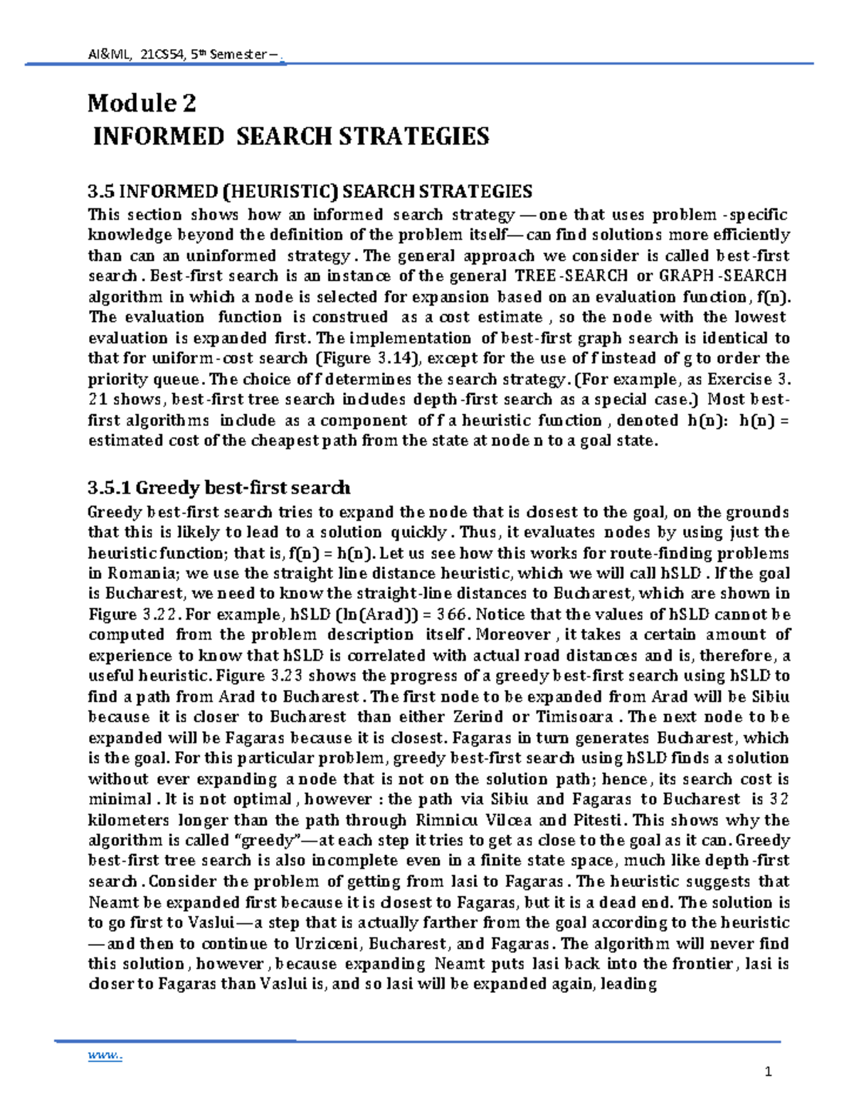 Module 2 21CS54 Notes - http://www.. Module 2 INFORMED SEARCH ...