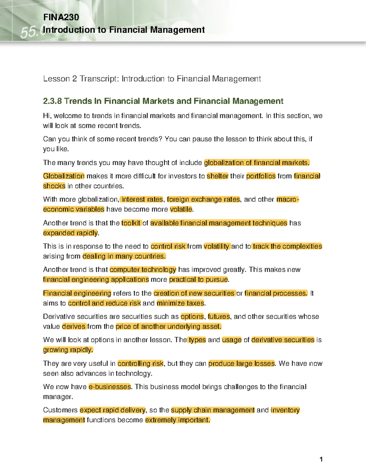 FINA230 Lesson 02 03 08 transcript - FINA Introduction to Financial ...