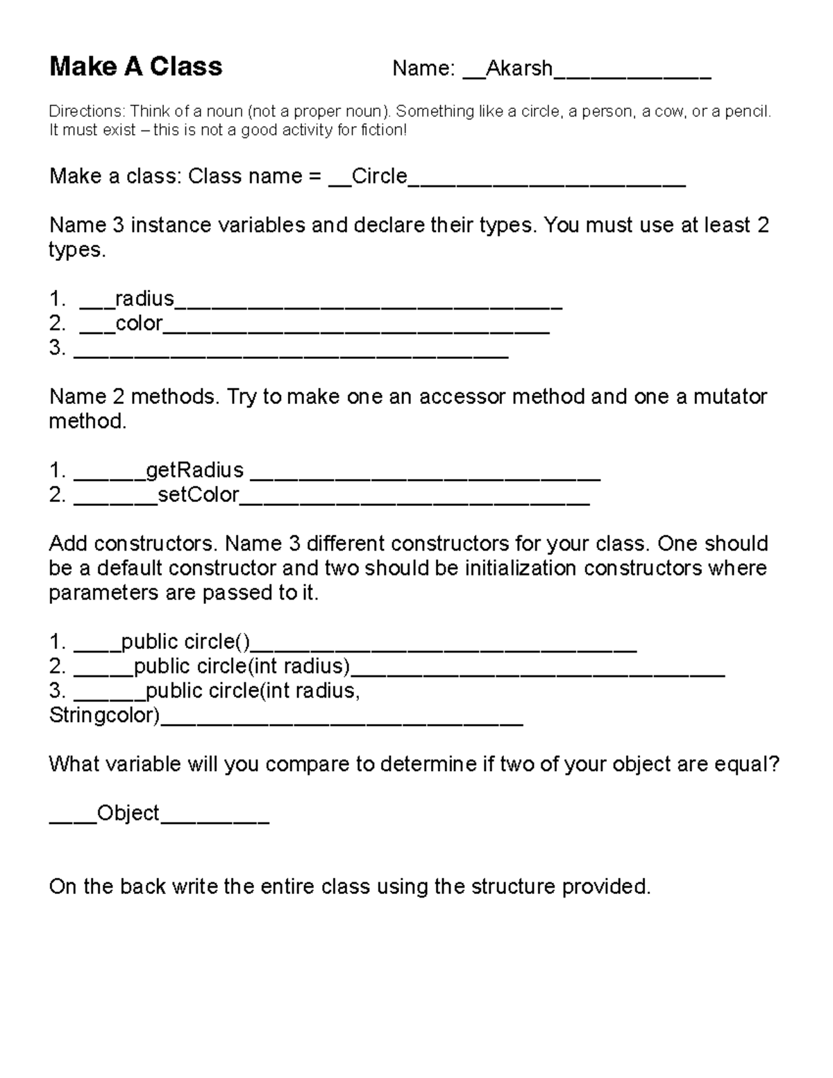 Make a Class Demo - Make A Class Name: Akarsh___________ Directions ...