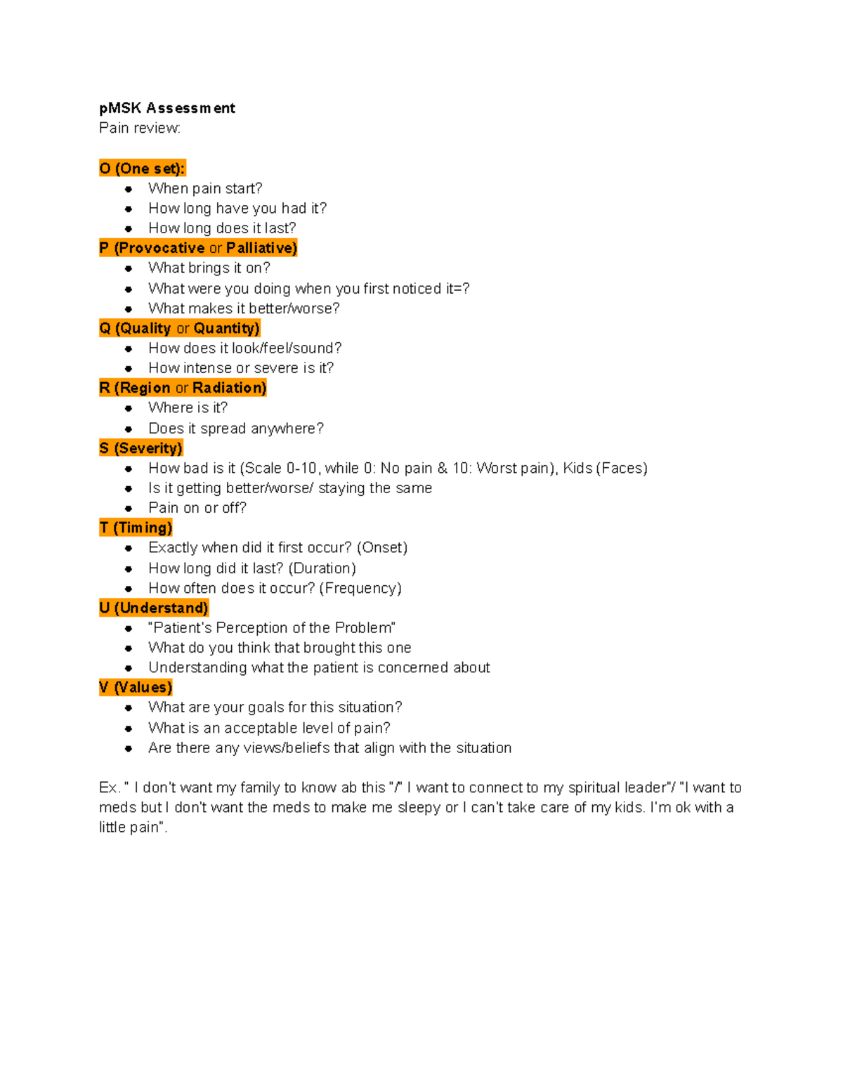 MSK assessment - n/a - pMSK Assessment Pain review: O (One set): When ...
