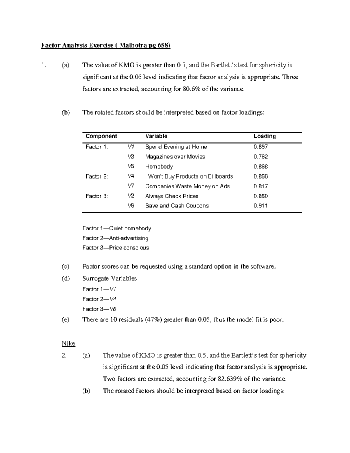 Factor Analysis Exercise -Solutions - Factor Analysis Exercise ( Malhotra pg 658) 1. (a) The ...