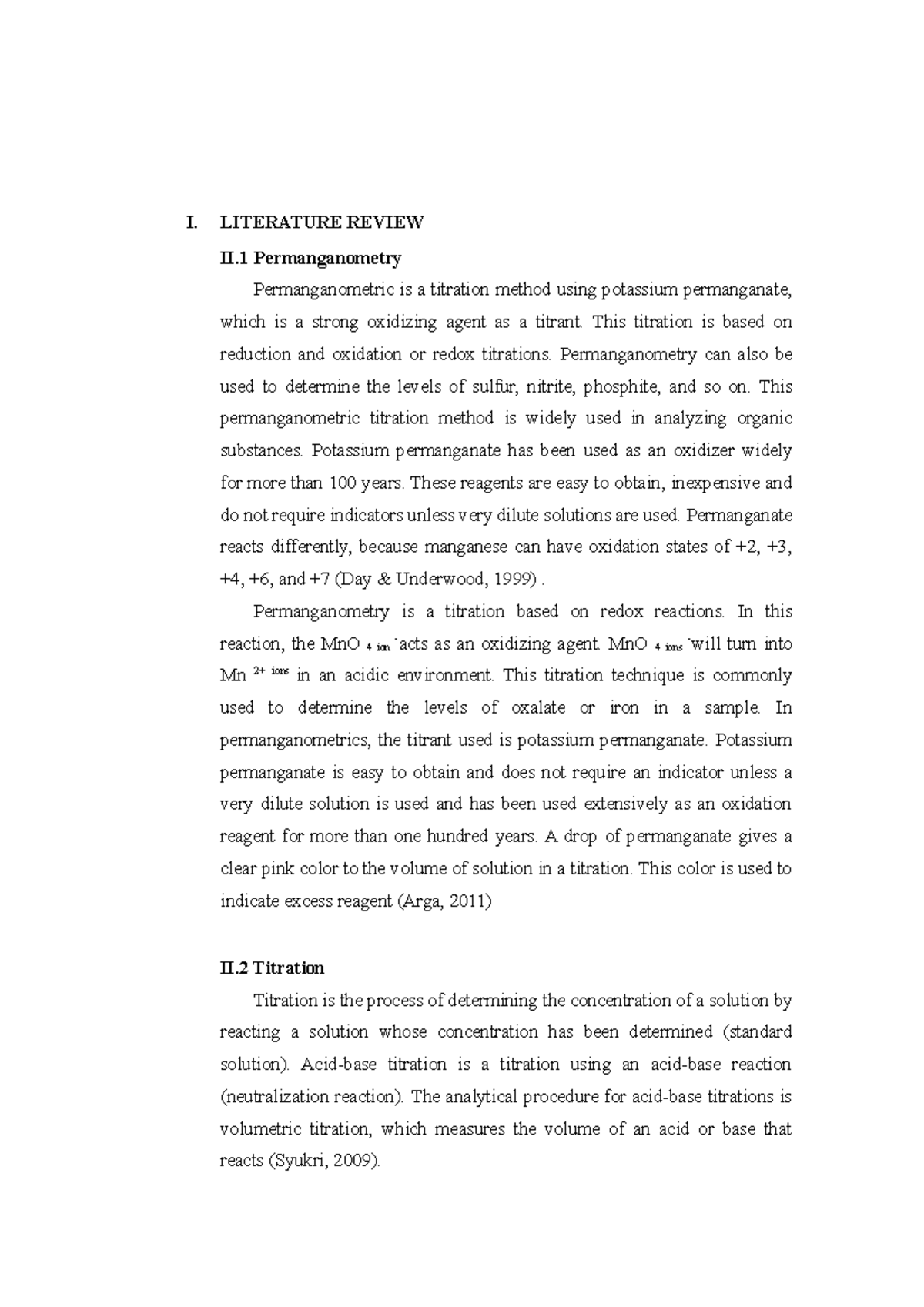 Permanganometry - I. LITERATURE REVIEW II Permanganometry ...