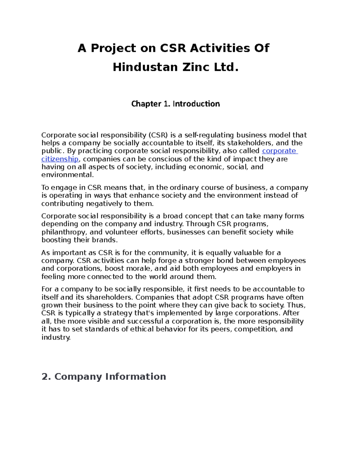 Chapter 1 Introduction mms - A Project on CSR Activities Of Hindustan ...