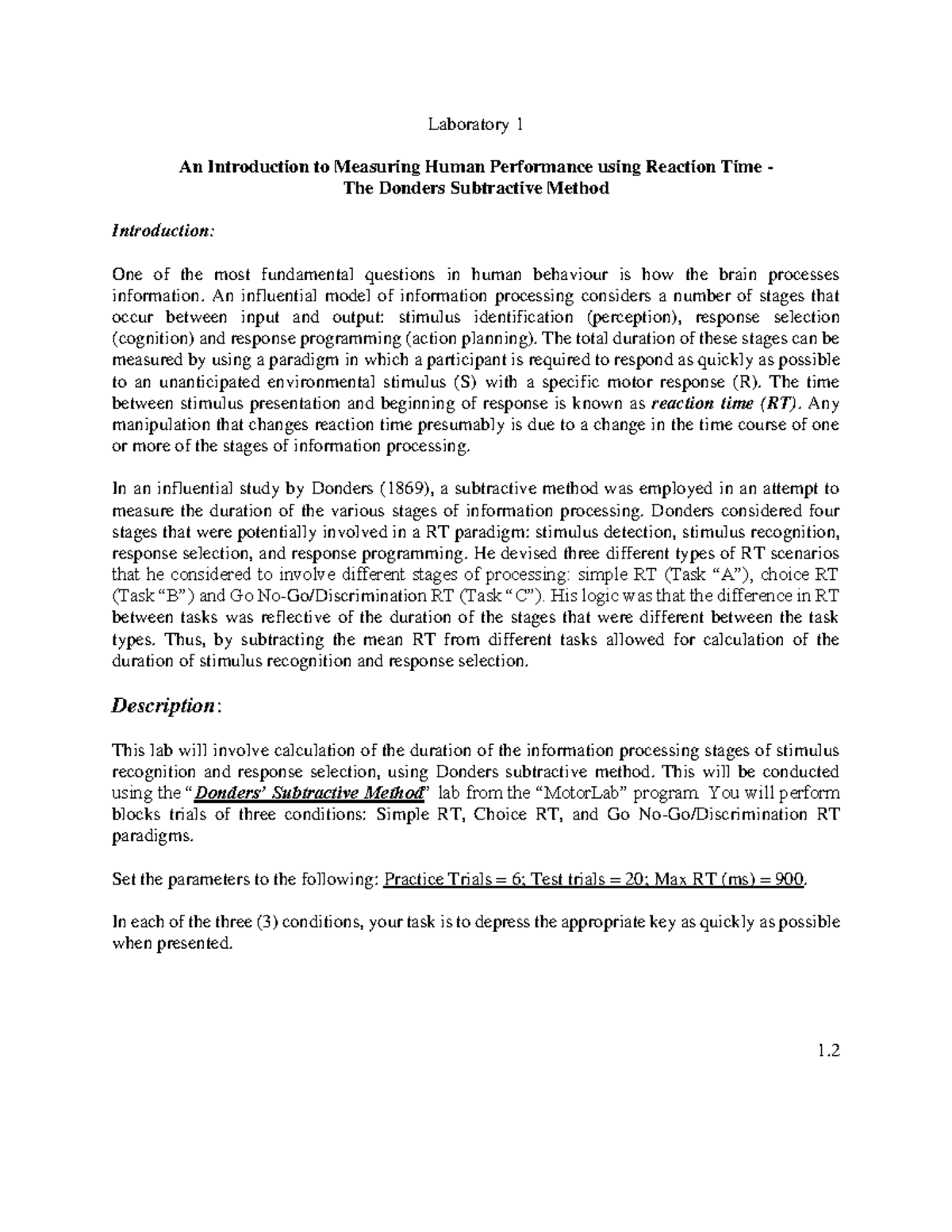 Laboratory 1 - Lab - Laboratory 1 An Introduction to Measuring Human Performance using Reaction ...