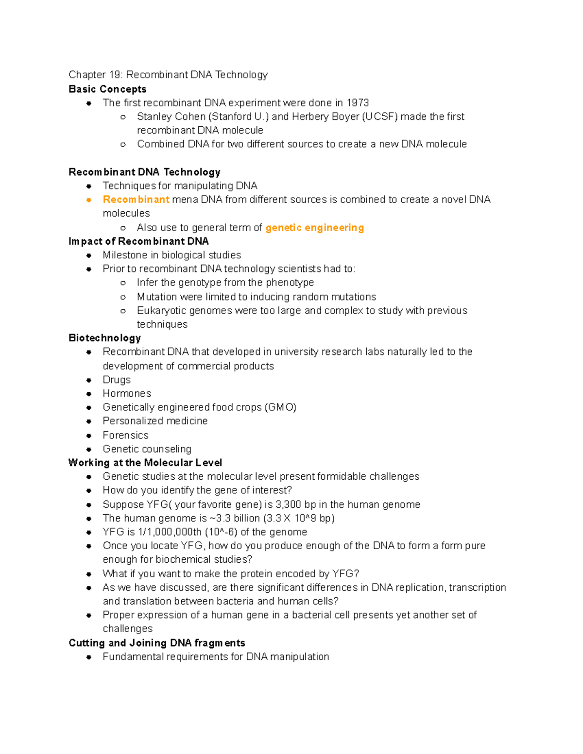 Genetics Chapter 19 Part 1 - Chapter 19: Recombinant DNA Technology Basic Concepts The first ...