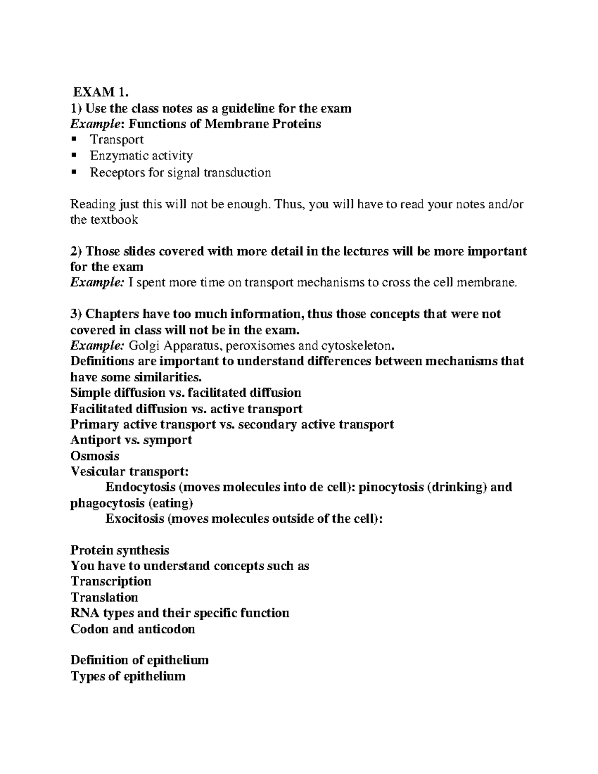 EXAM 1 study guide - EXAM 1. Use the class notes as a guideline for the ...