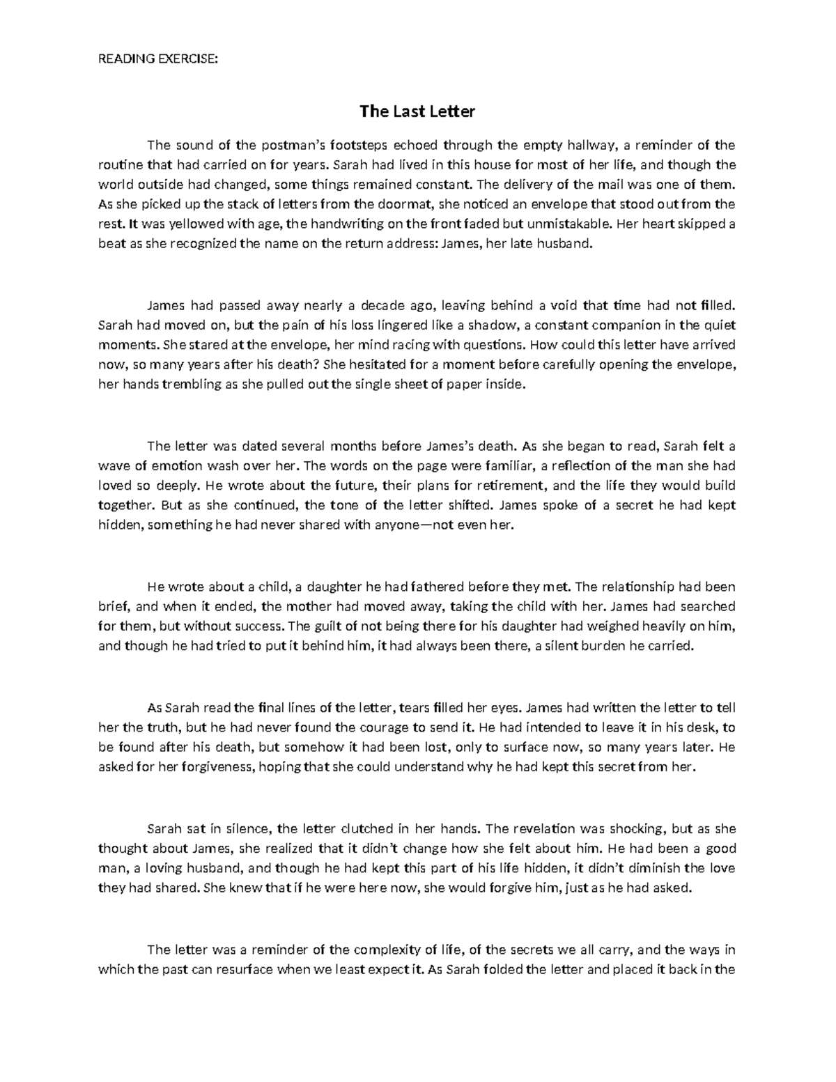 The Last Letter - READING EXERCISE: The Last Letter The sound of the ...