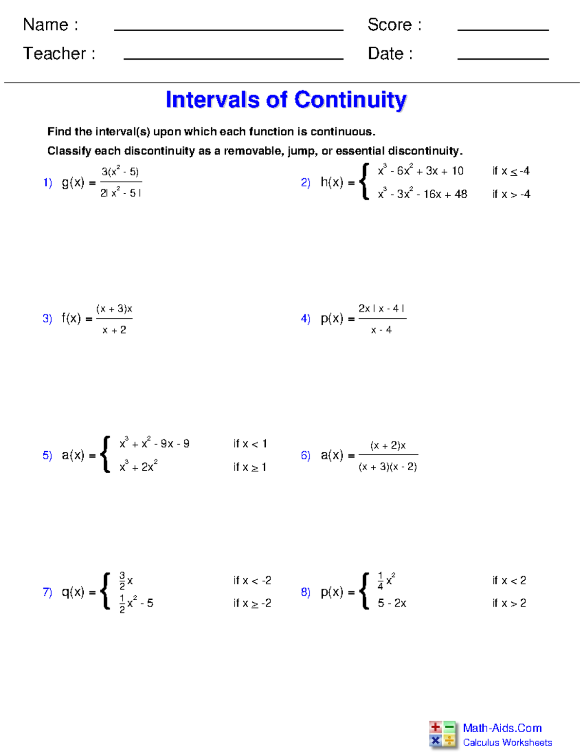 Calc cont interval continuity - Find the interval(s) upon which each ...