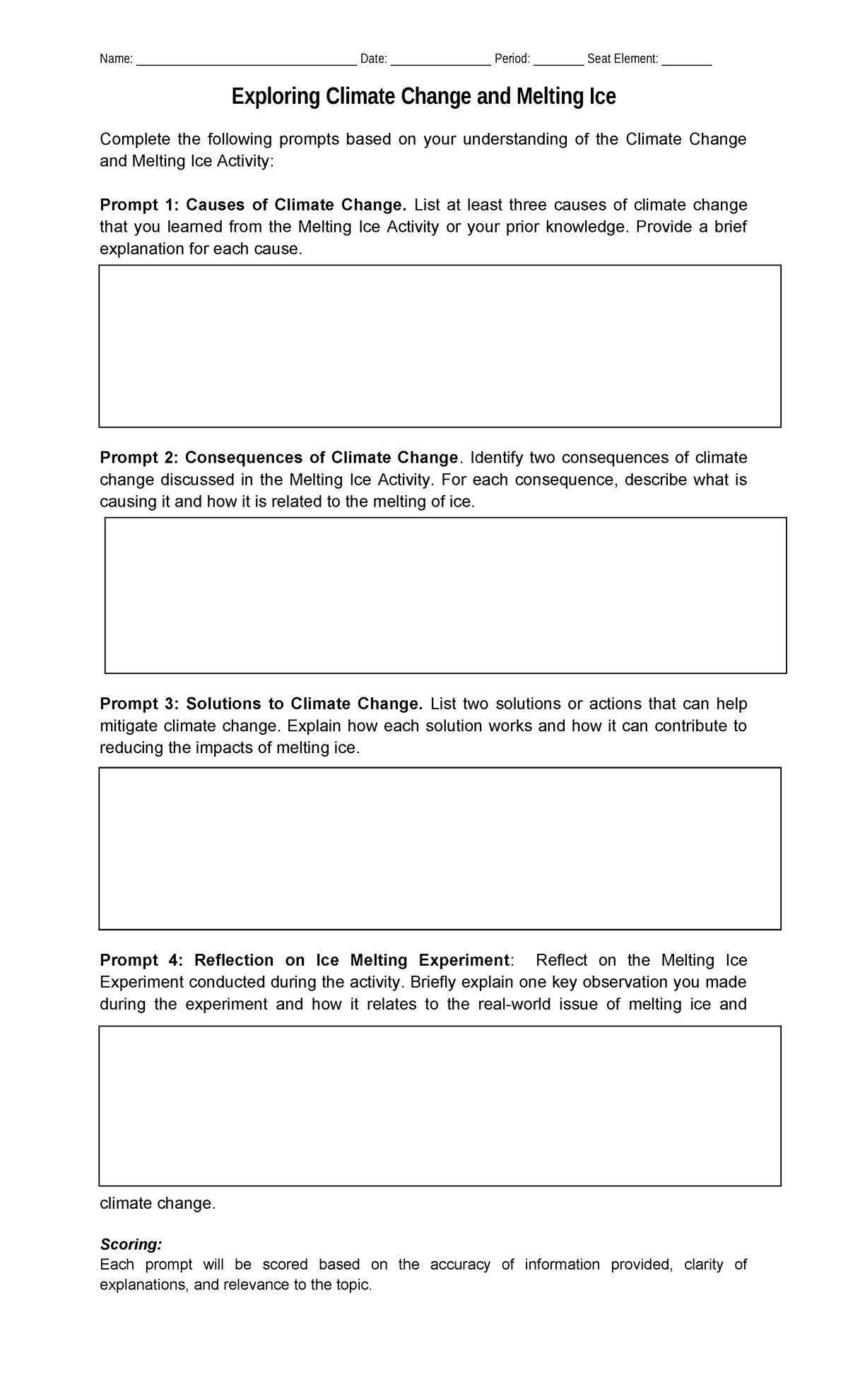 EXIT Ticket Exploring Climate Change and Melting Experiment - Name ...