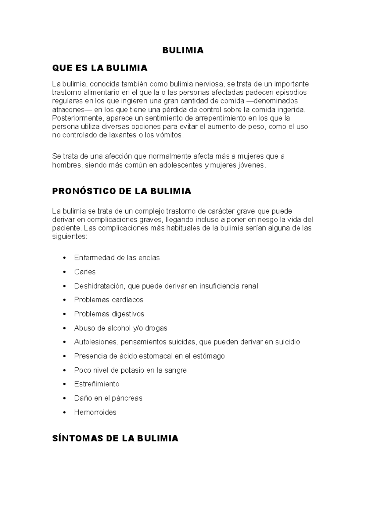 Bulimia - BULIMIA QUE ES LA BULIMIA La bulimia, conocida también como ...