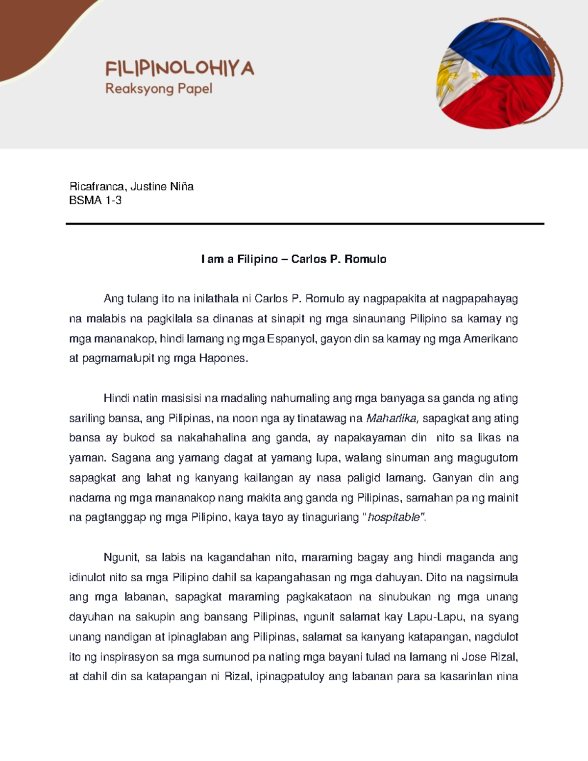 Reaction Paper Ricafranca, Justine Niña - Filipinolohiya at Pambansang ...