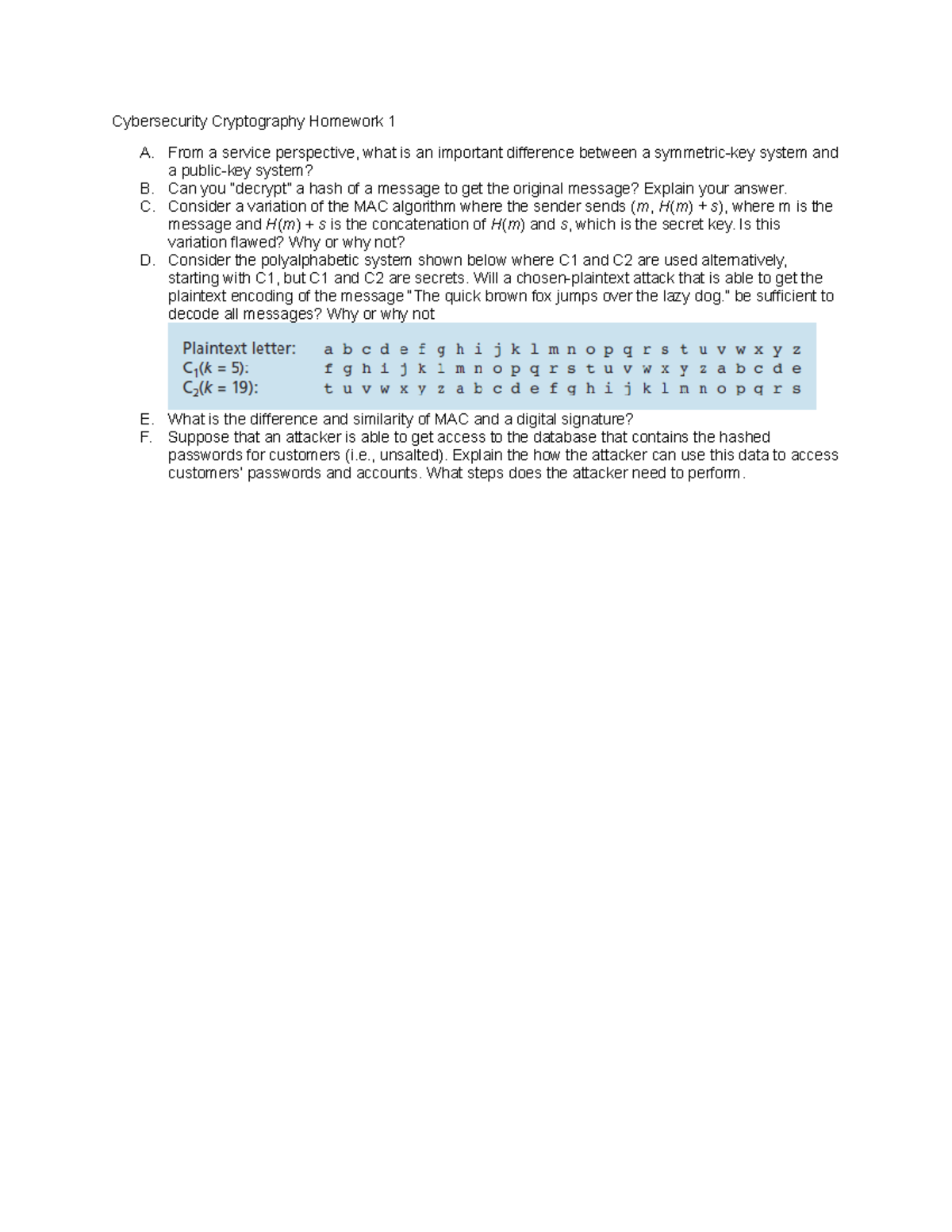 Cybersecurity Cryptography Homework 1 - From a service perspective, what is an important ...