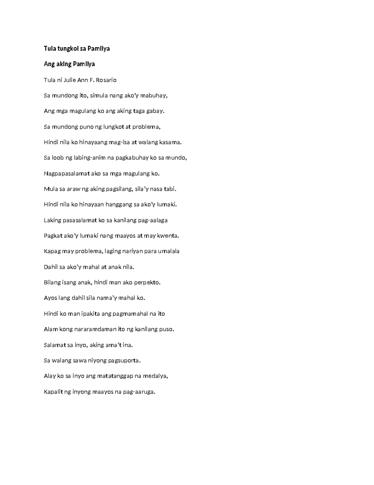 Mga Tula - tula - Tula tungkol sa Pamilya Ang aking Pamilya Tula ni ...