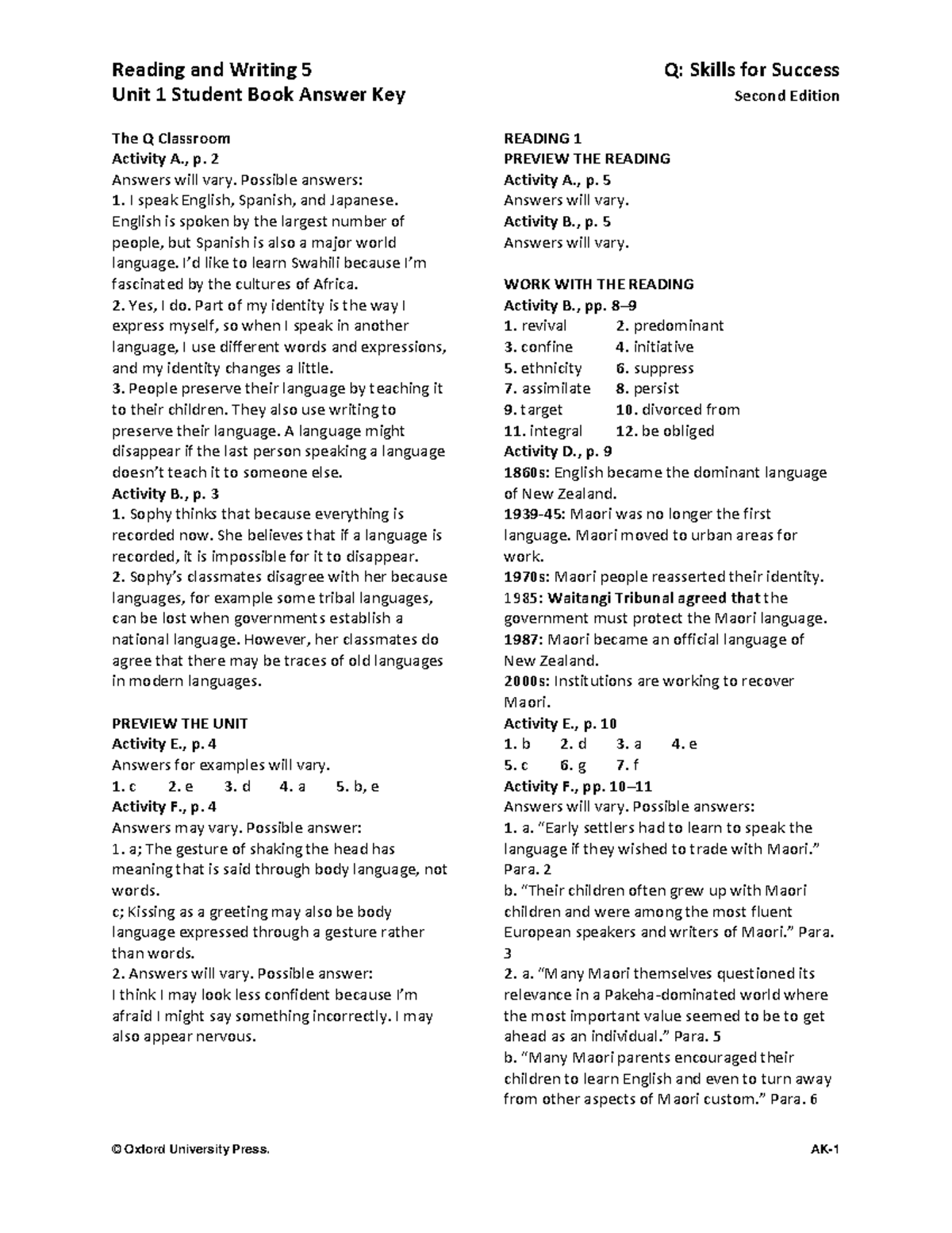Q2e RW5 U01 Answer Key 1 Unit 1 Student Book Answer Key