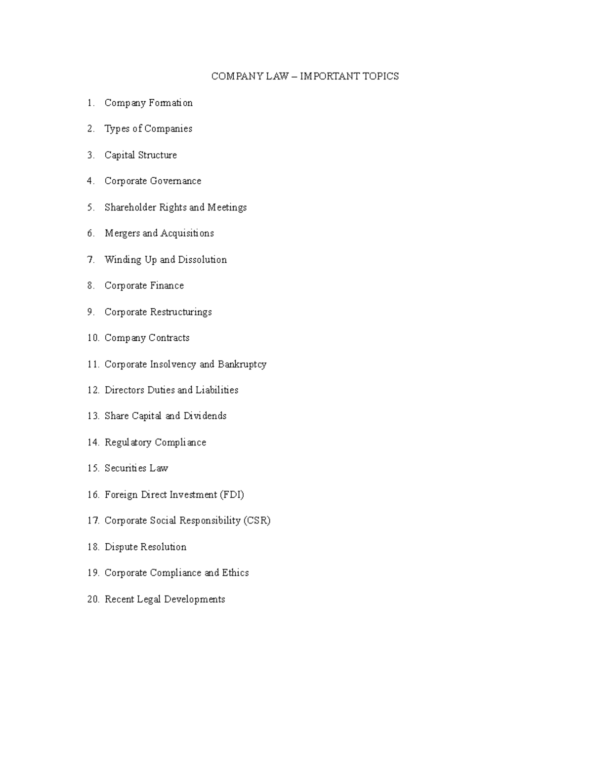 Important Topics - Company Law Topic - COMPANY LAW – IMPORTANT TOPICS ...