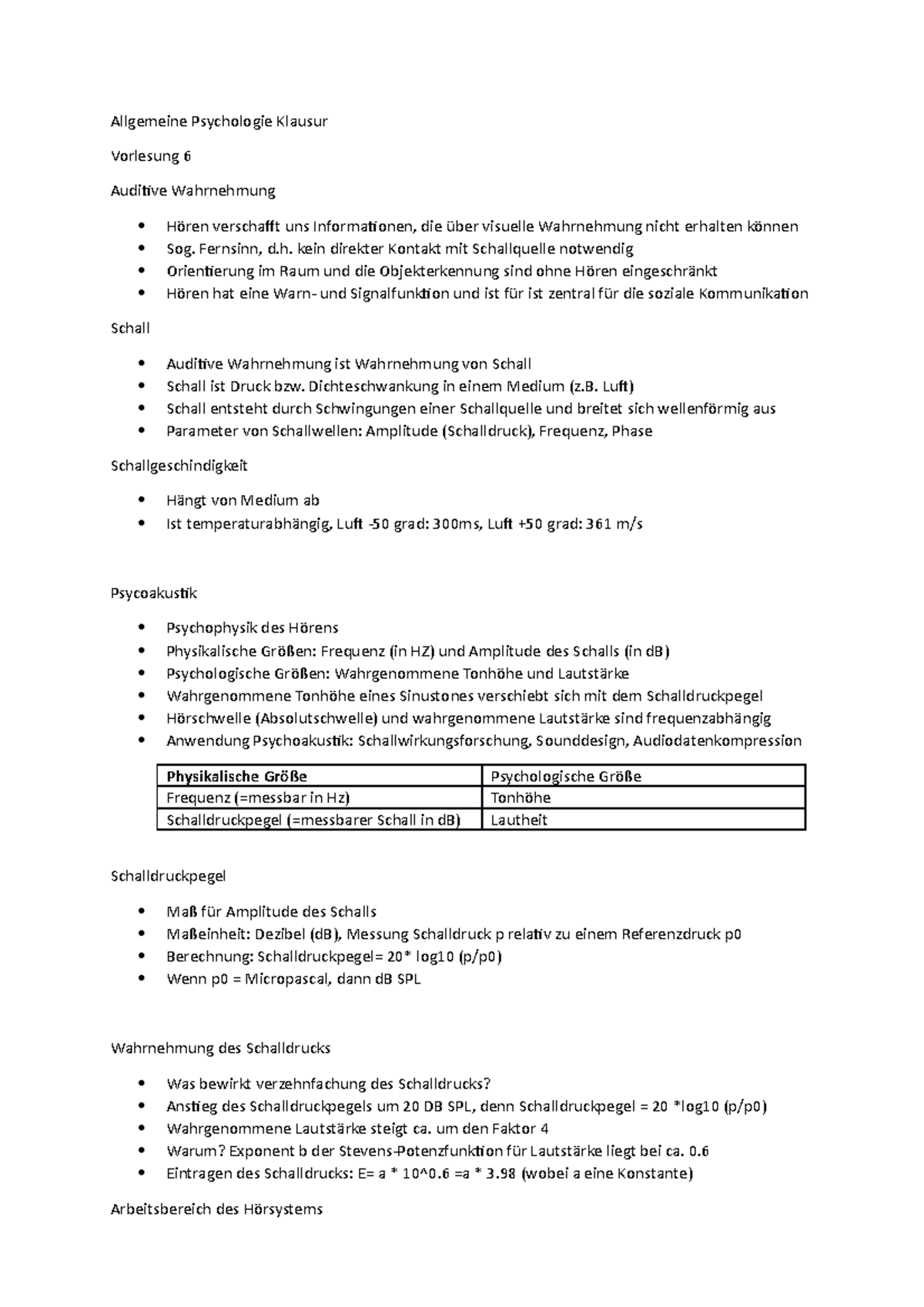 Allgemeine Psychologie Klausur s6 - Allgemeine Psychologie KlausurVorlesung 6 Auditive ...