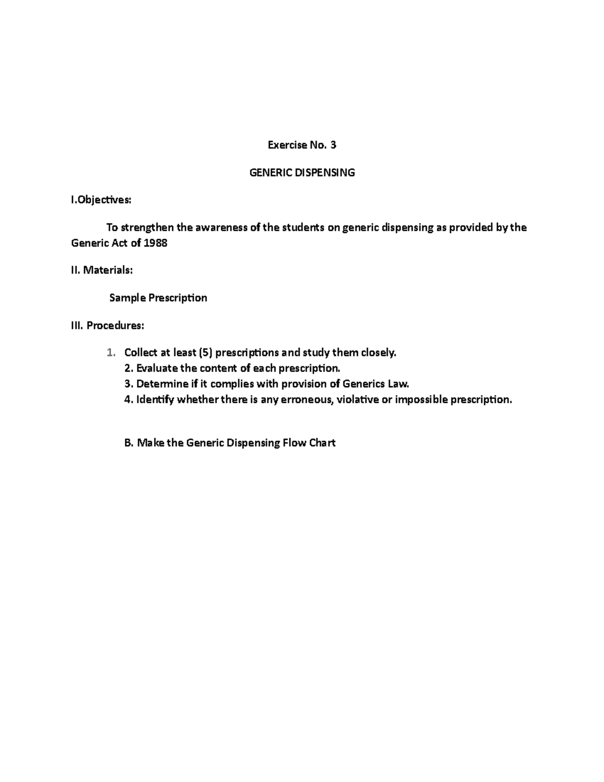Generic Dispensing Activity - Exercise No. 3 GENERIC DISPENSING I: To ...
