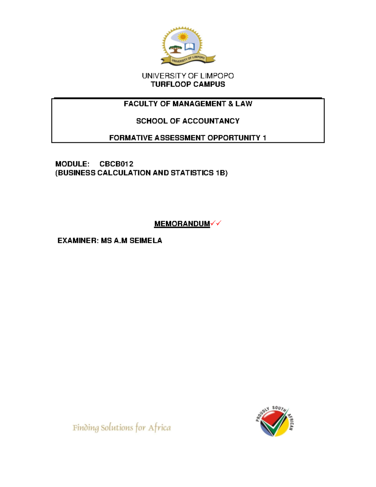 CBCB012 TEST 1 MEMO 2022 - TURFLOOP CAMPUS FACULTY OF MANAGEMENT & LAW ...