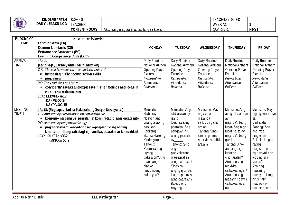 Kinder-DLL week 1 - NONE - KINDERGARTEN DAILY LESSON LOG SCHOOL ...