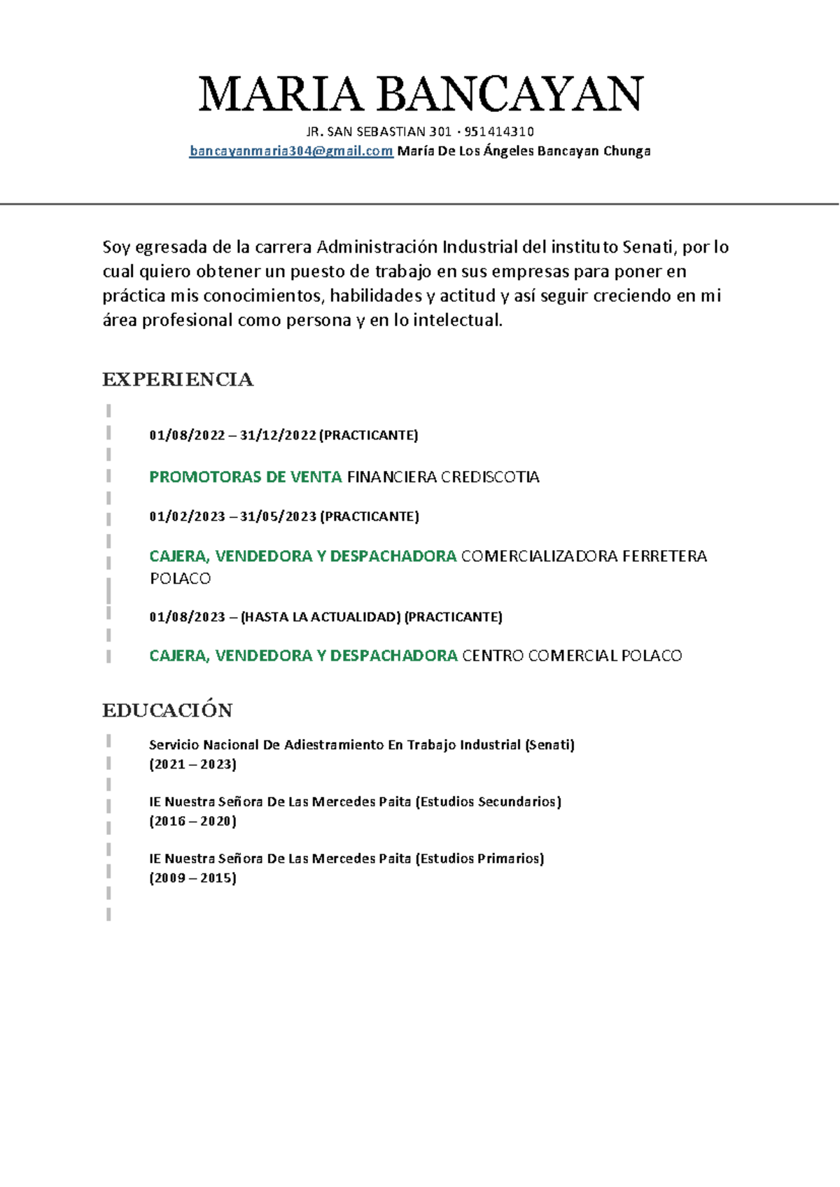 CV Maria Bancayan Chunga - MARIA BANCAYAN JR. SAN SEBASTIAN 301 ...