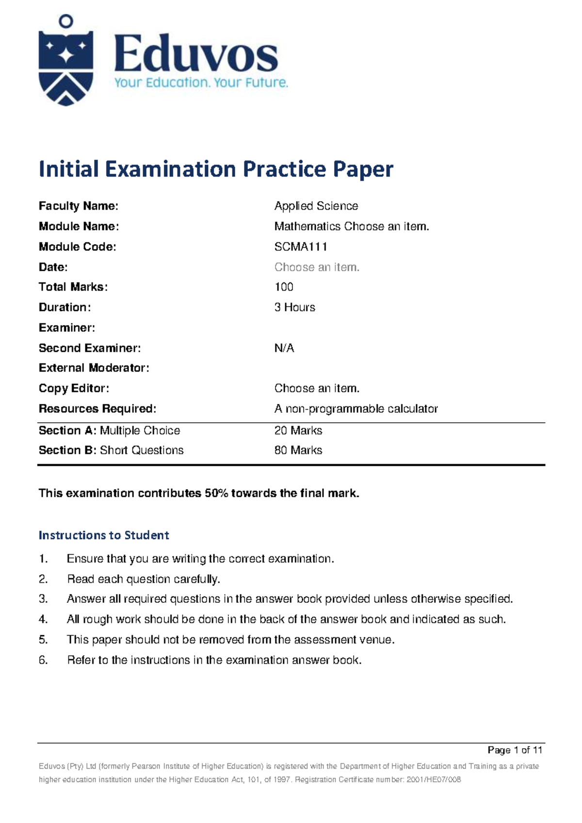 Examination Practice Paper - Page 1 of 11 Eduvos (Pty) Ltd (formerly ...