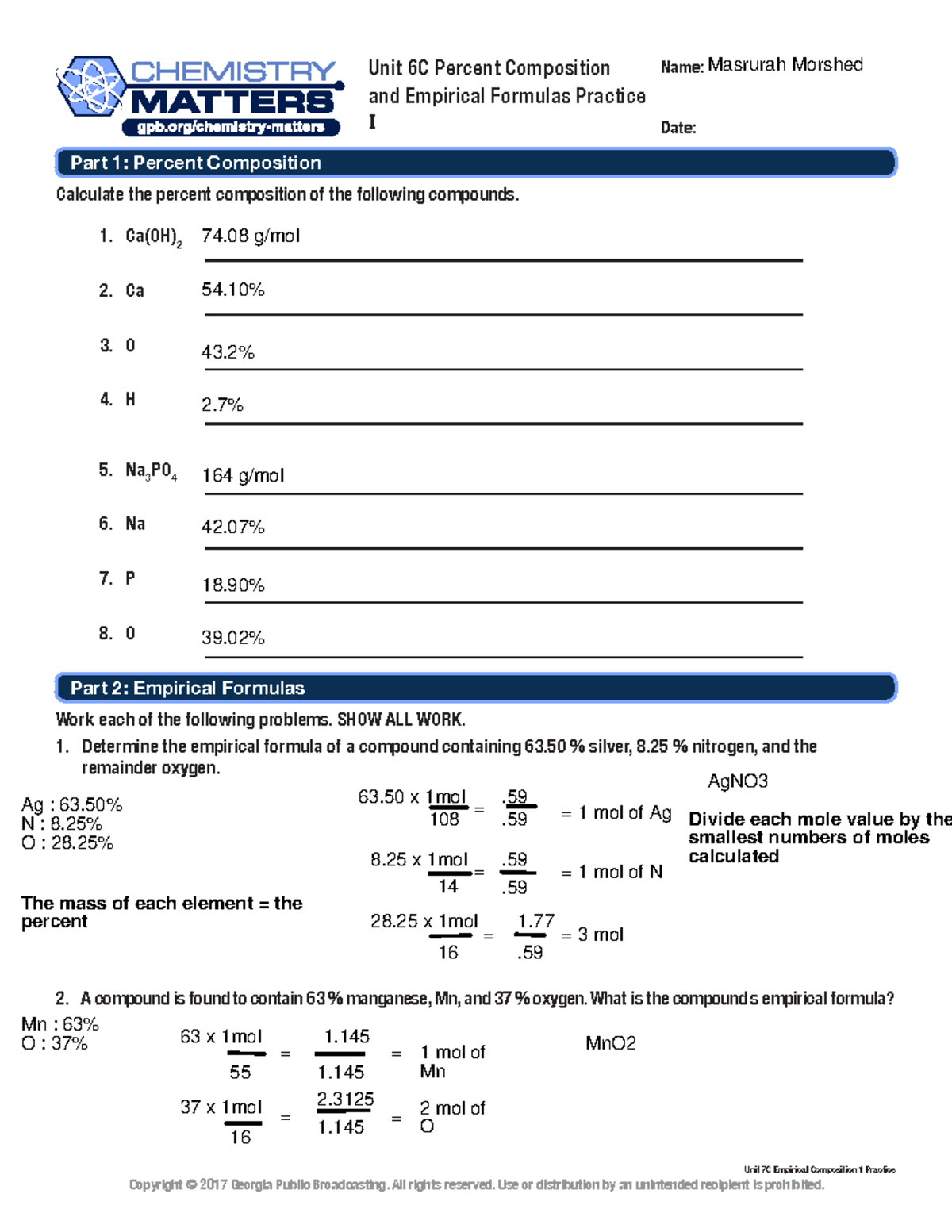 Unit 6c empirical composition practice 1 - Copyright © 2017 Georgia ...