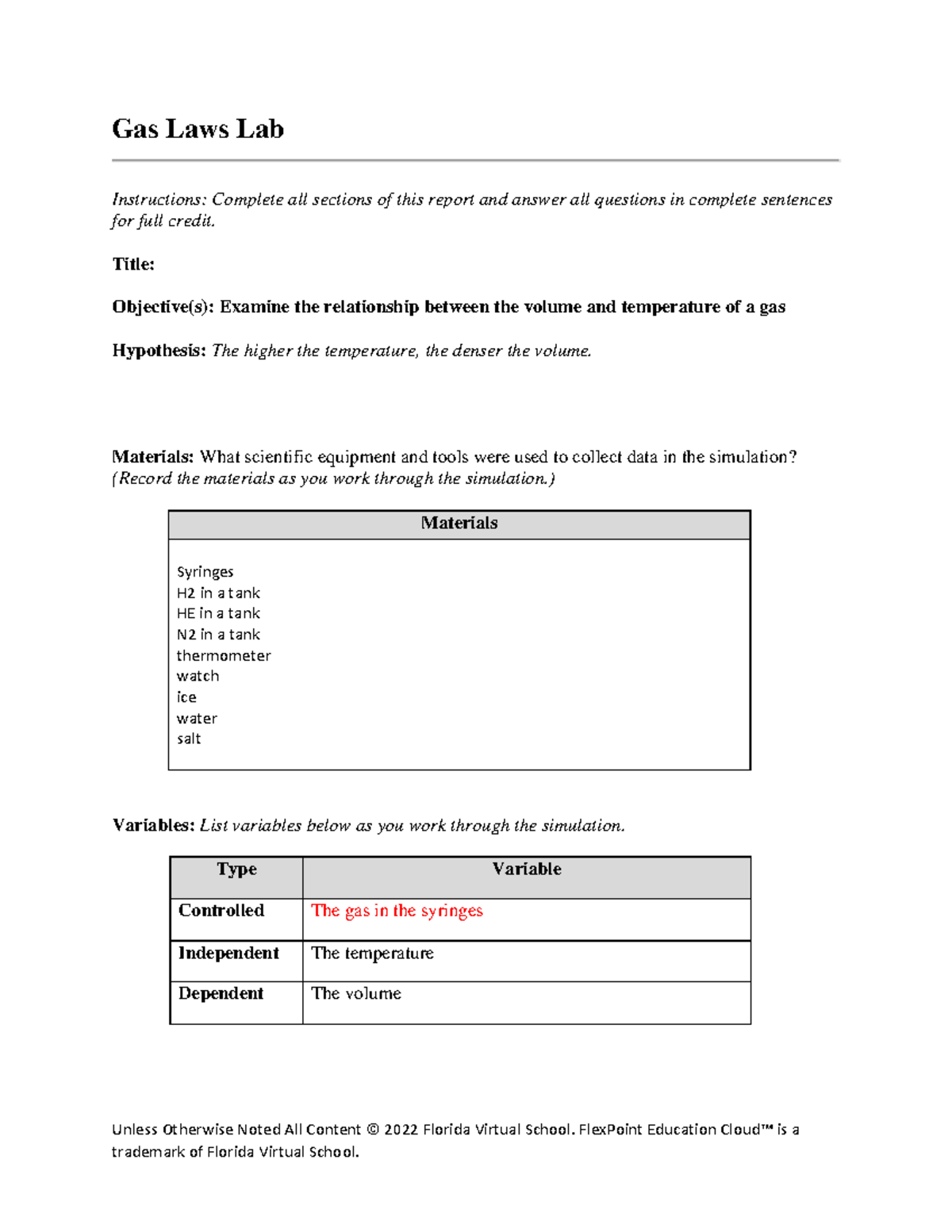 Lab report - Lab for flvs chemistry - Unless Otherwise Noted All ...