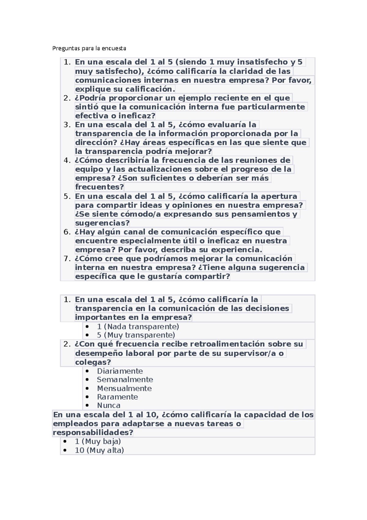 Preguntas para la encuesta - En una escala del 1 al 5 (siendo 1 muy ...