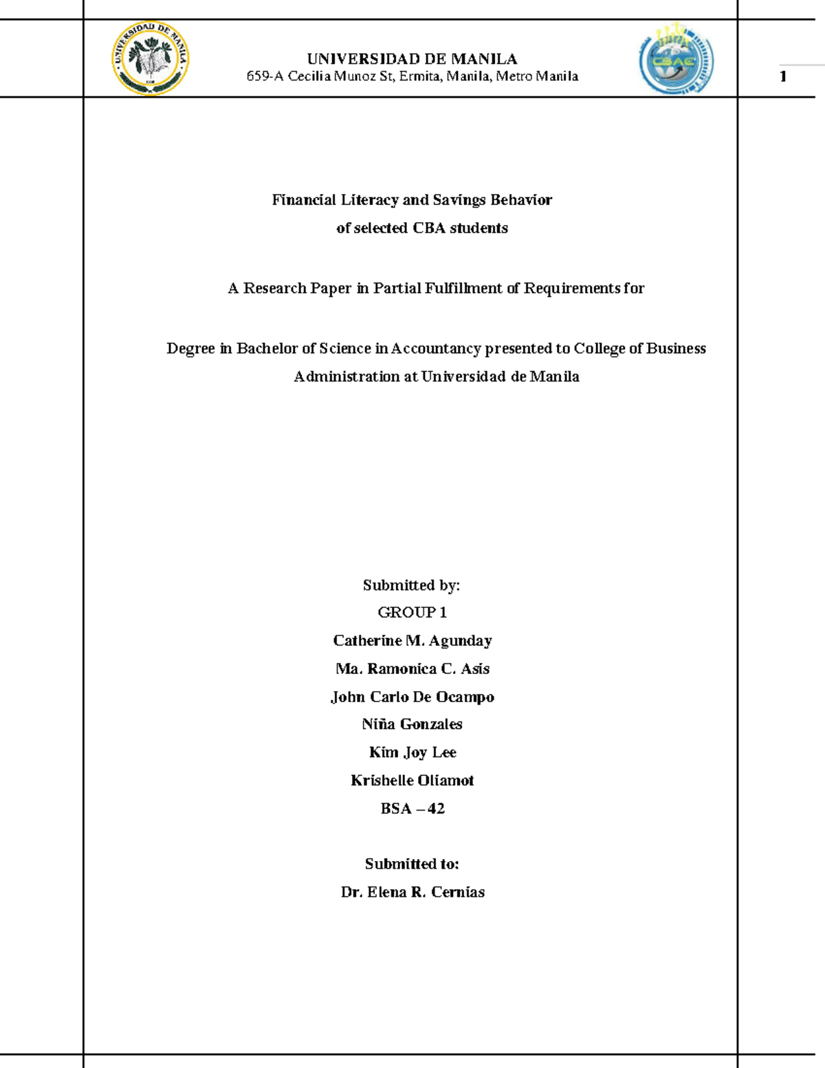 Research GRP 1 Bookbind - 1 Financial Literacy and Savings Behavior of ...