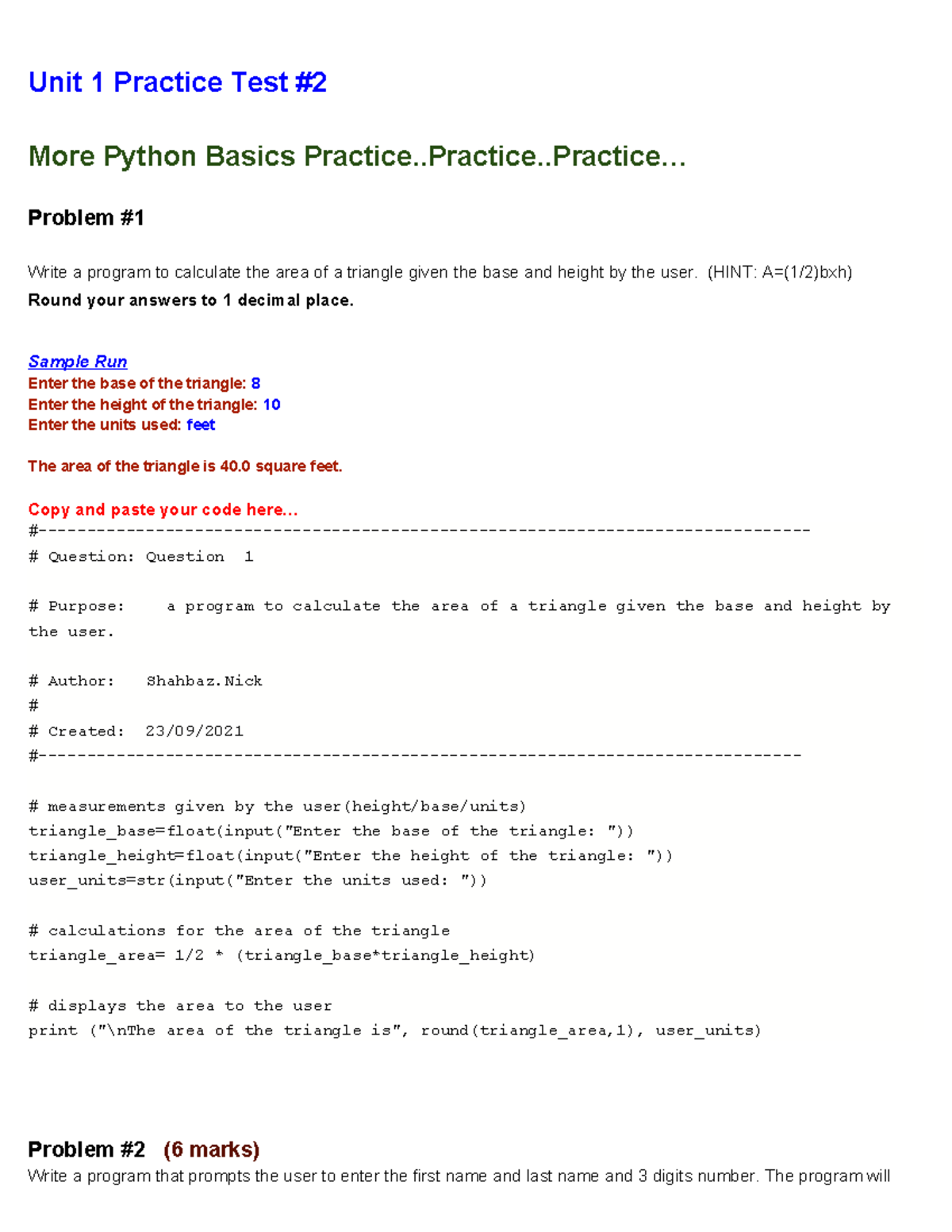 Unit 1 Practice Test#2-Sept2021 - Unit 1 Practice Test More Python ...