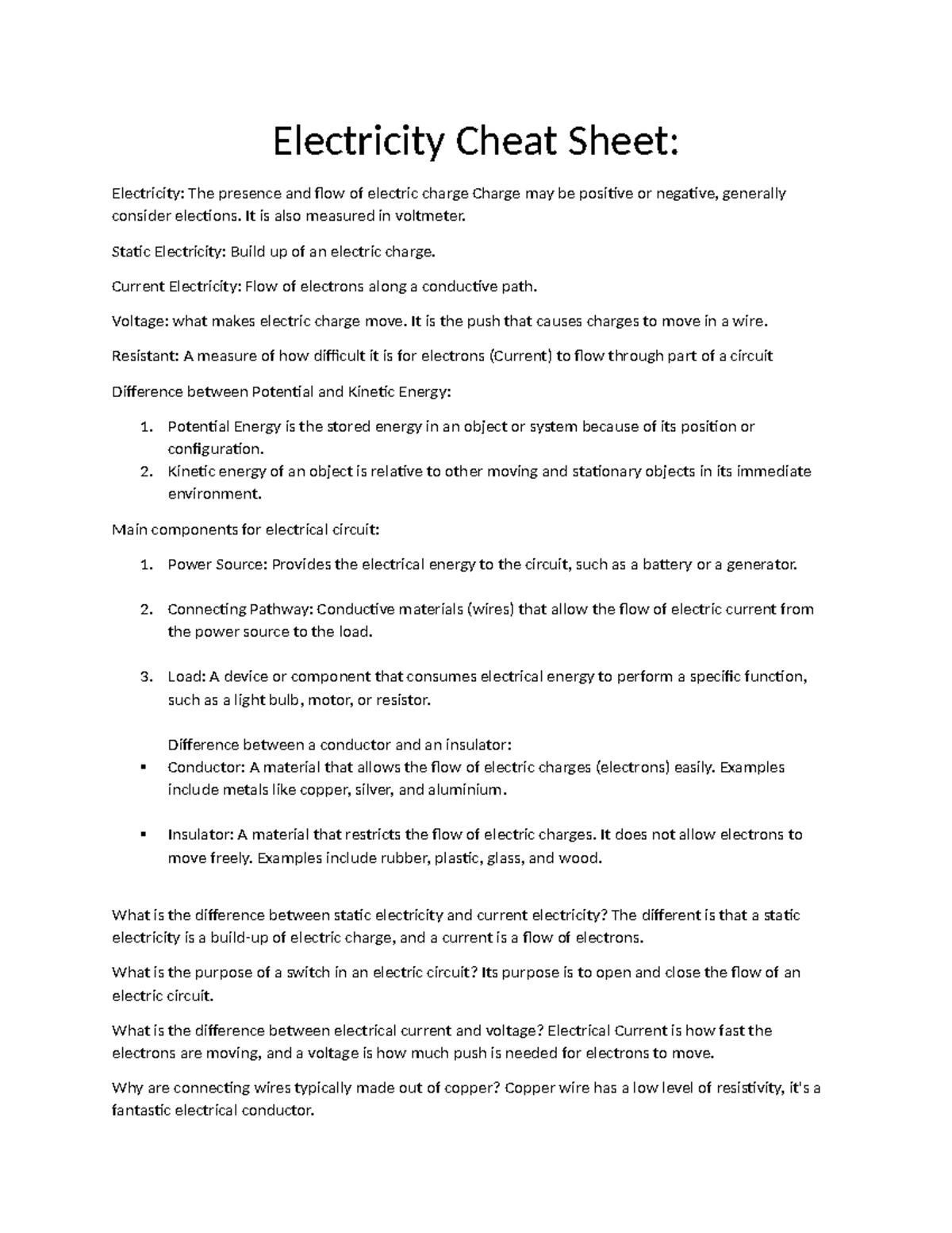 Electricity Cheat Sheet - Electricity Cheat Sheet: Electricity: The presence and flow of ...