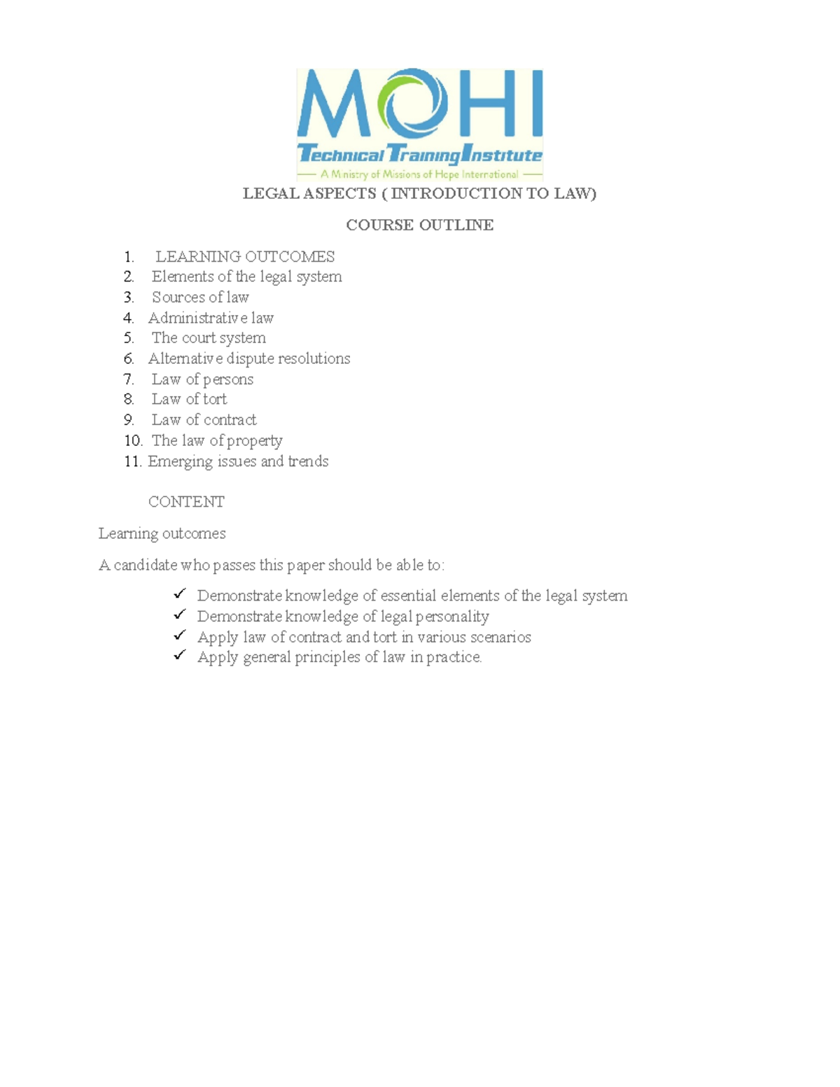 Legal Aspects course out line - LEGAL ASPECTS ( INTRODUCTION TO LAW ...