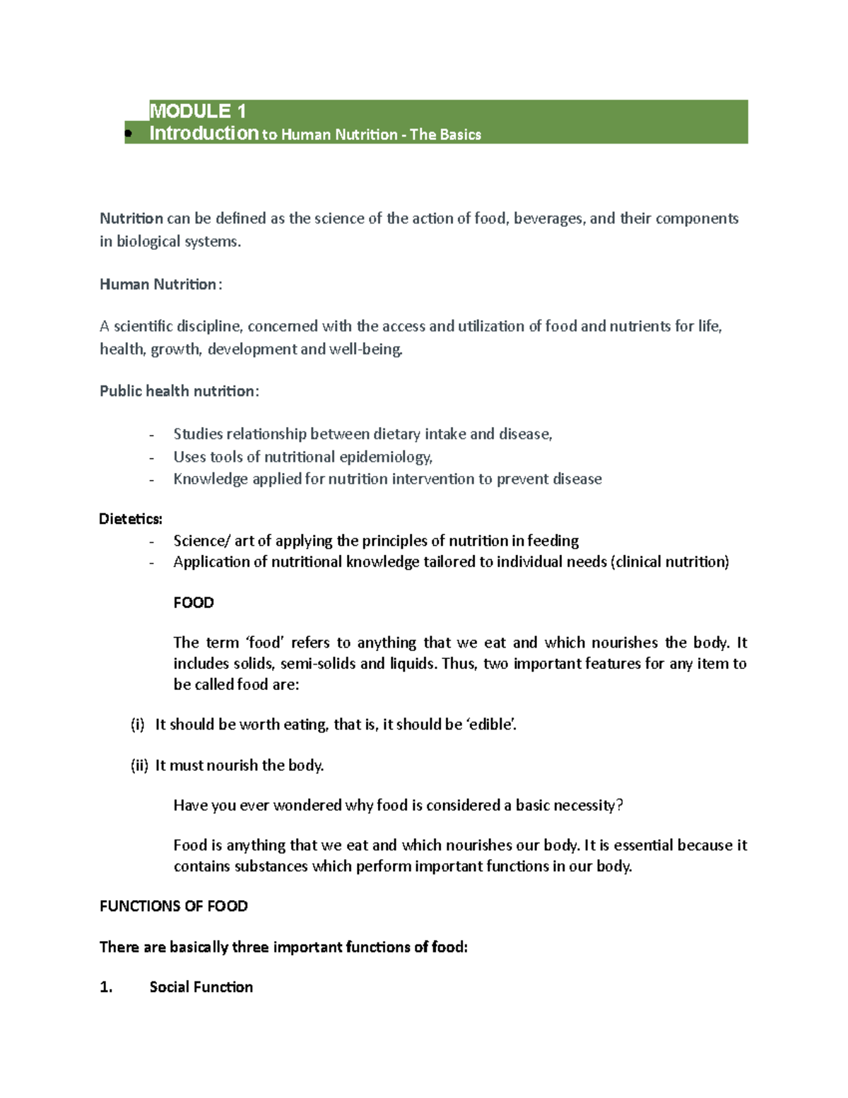 Module 1 - Introduction - MODULE 1 Introduction to Human Nutrition ...